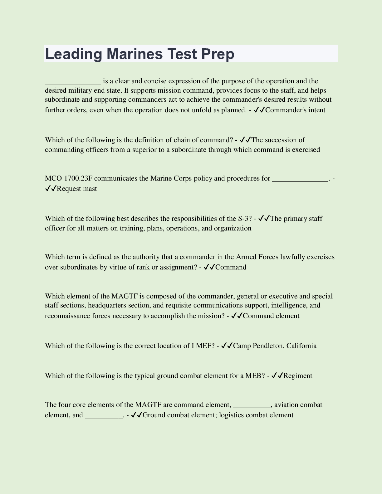 Leading Marines Test Prep | 55 Questions with 100% Correct Answers ...