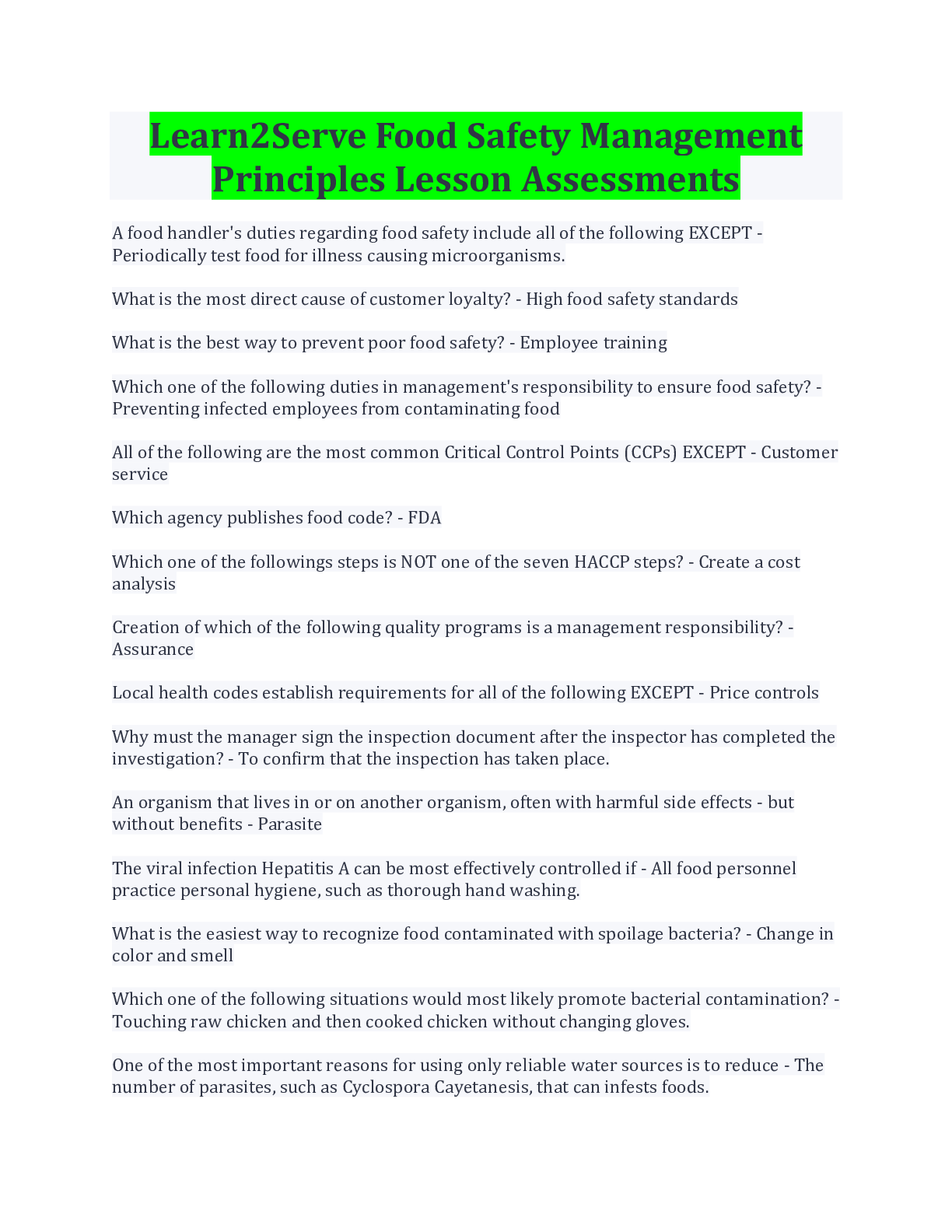 Learn2Serve Food Safety Management Principles Lesson Assessments | 150 ...