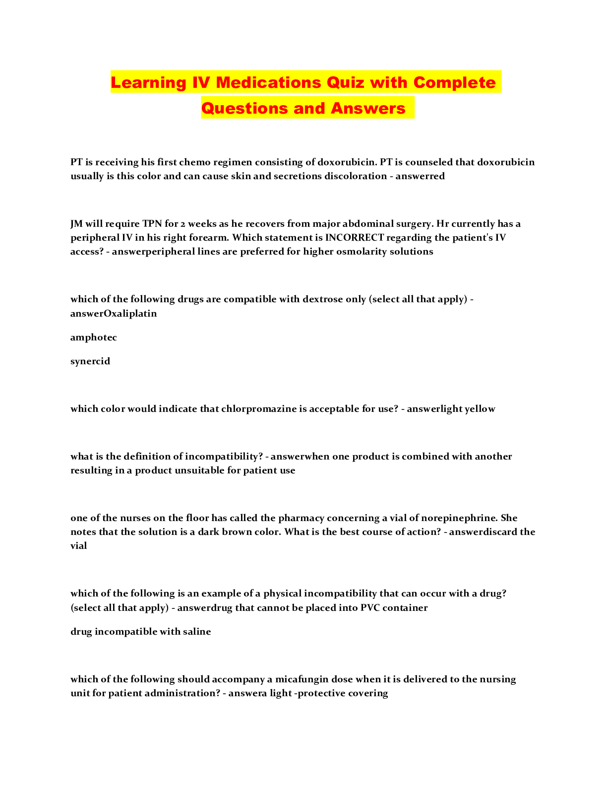 Learning IV Medications Quiz with Complete Questions and Answers ...