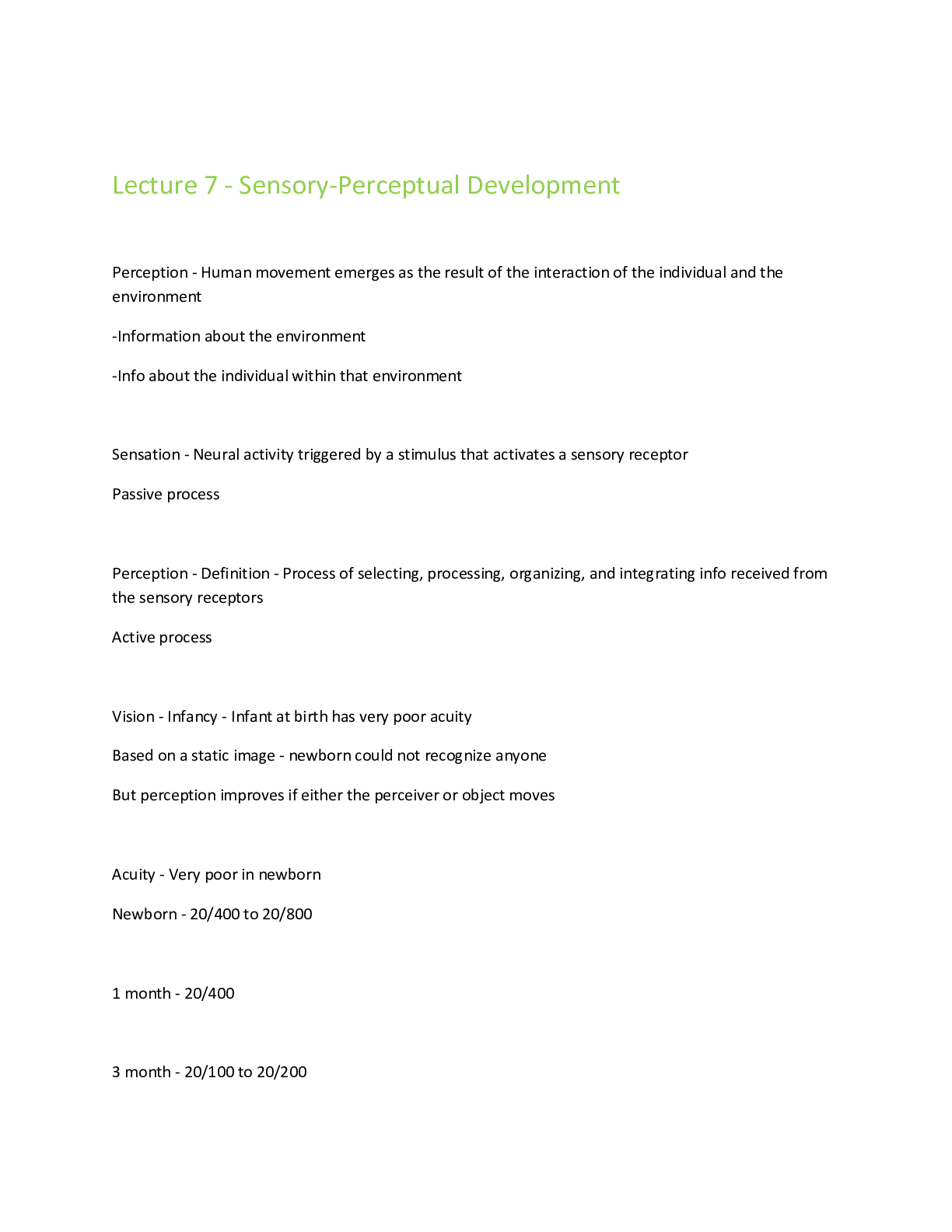 Lecture 7 - Sensory-Perceptual Development - Scholarfriends