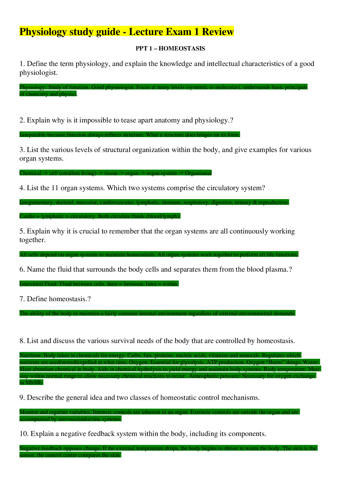 Physiology study guide - Lecture Exam 1 Review - Scholarfriends