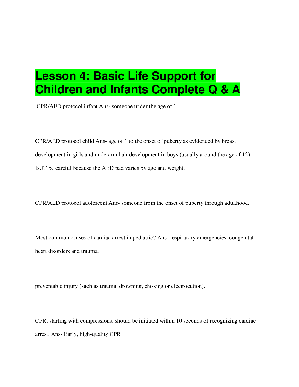Lesson 4: Basic Life Support for Children and Infants Complete Q & A ...