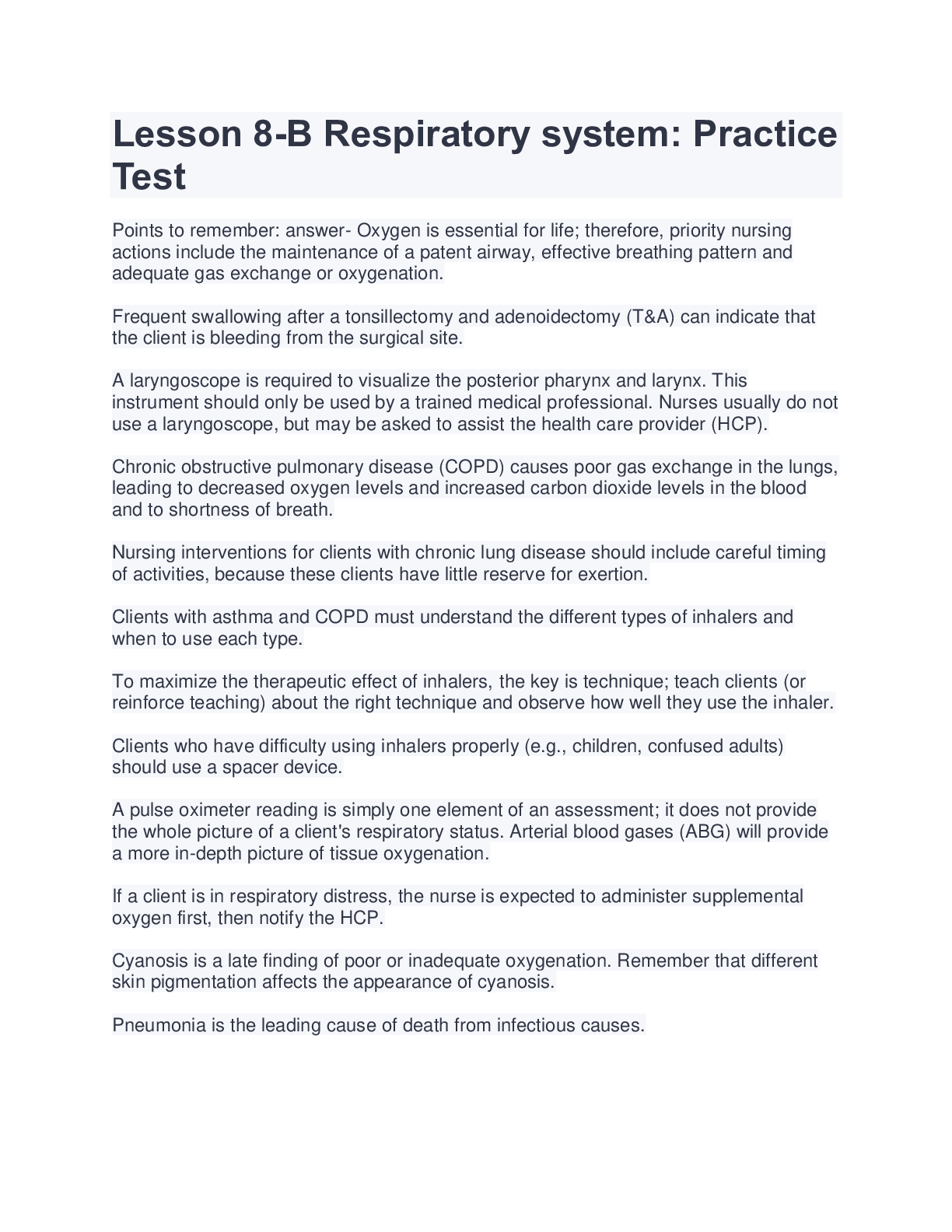 Lesson 8-B Respiratory system: Practice Test - Scholarfriends