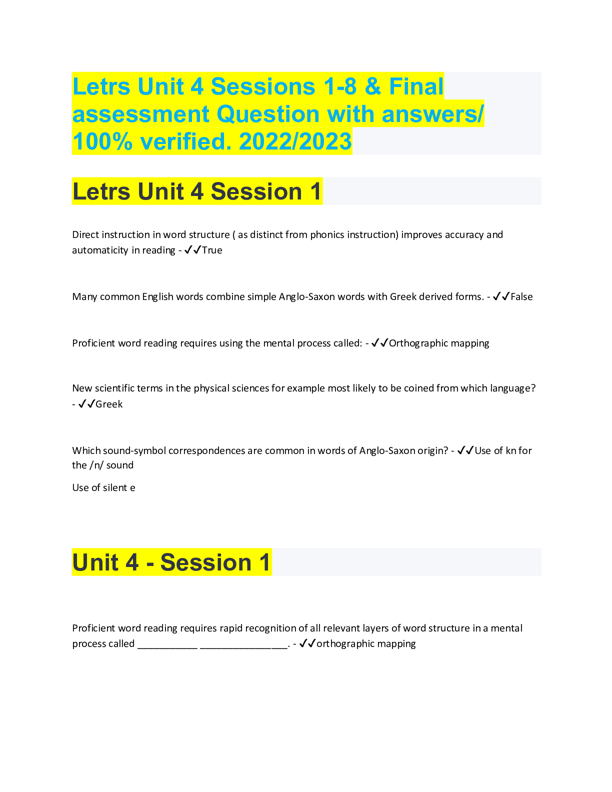 Letrs Unit 4 Sessions 1-8 & Final assessment Question with answers/ 100 ...