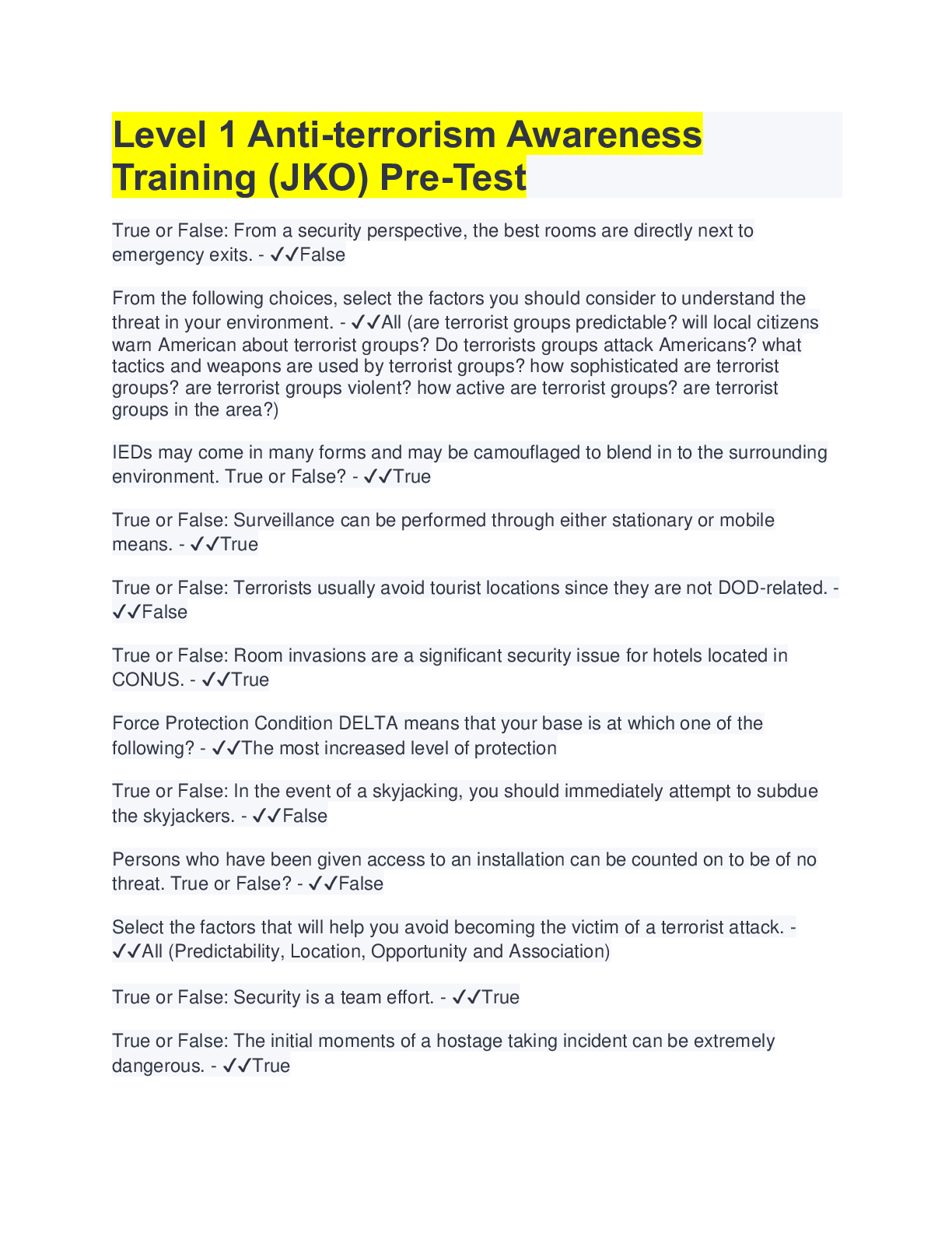 Level 1 Anti-terrorism Awareness Training (JKO) Pre-Test ...