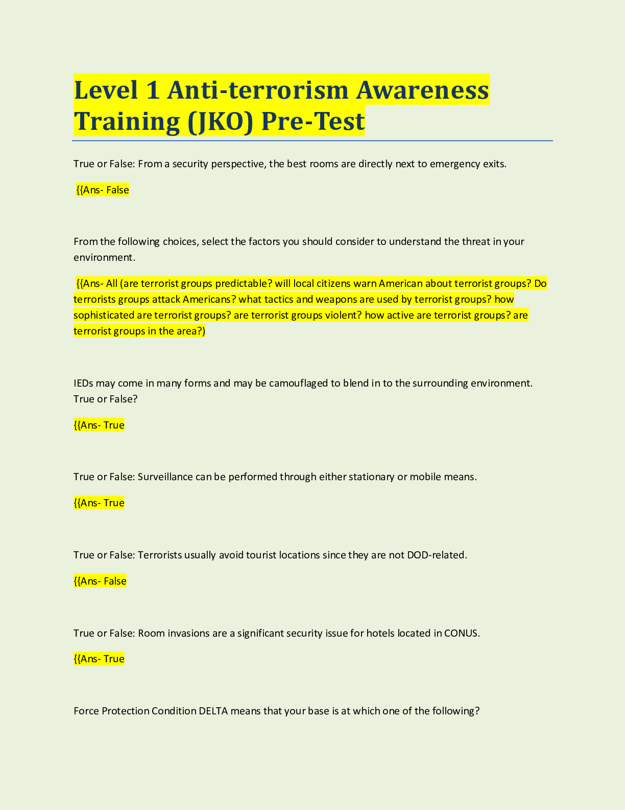 Level 1 Anti-terrorism Awareness Training (JKO) Pre-Test (Answered) 100 ...