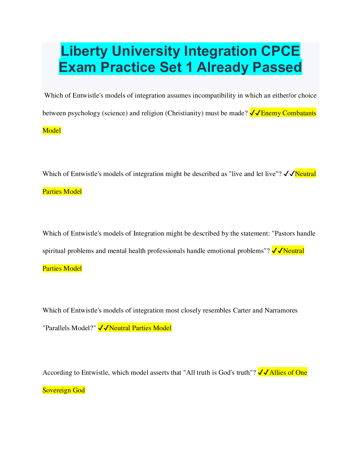 Liberty University Integration CPCE Exam Practice Set 1 Already Passed ...