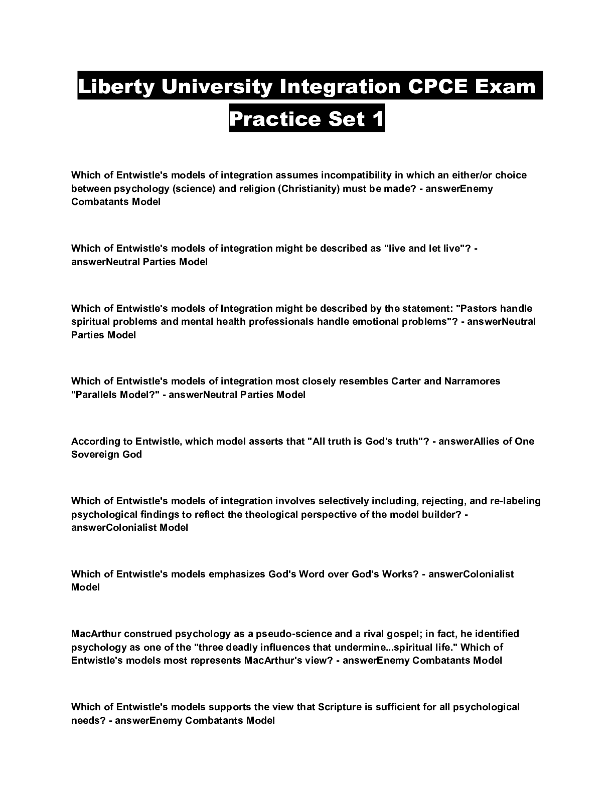 Liberty University Integration CPCE Exam Practice Set 1 | ScholarFriends