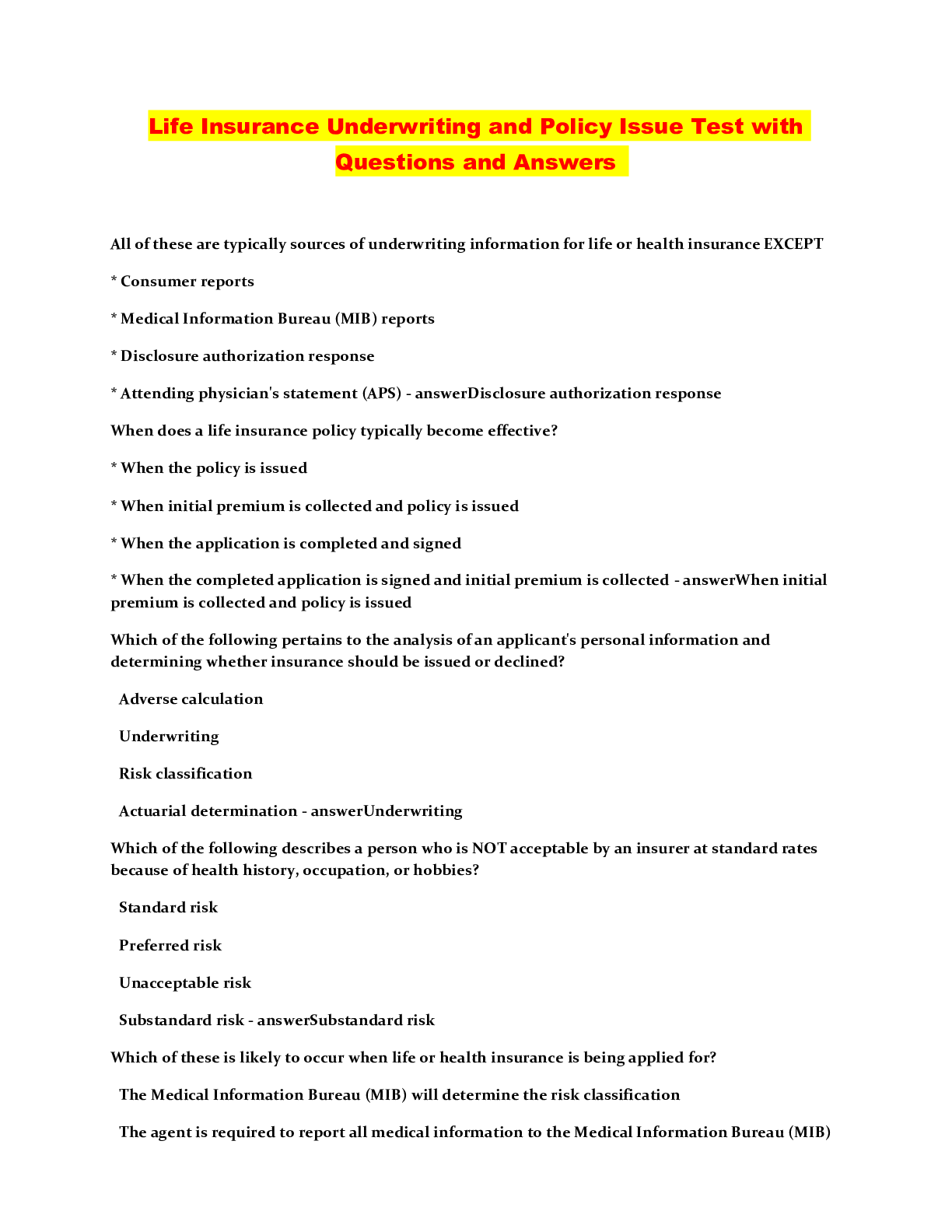 Life Insurance Underwriting and Policy Issue Test with Questions and ...