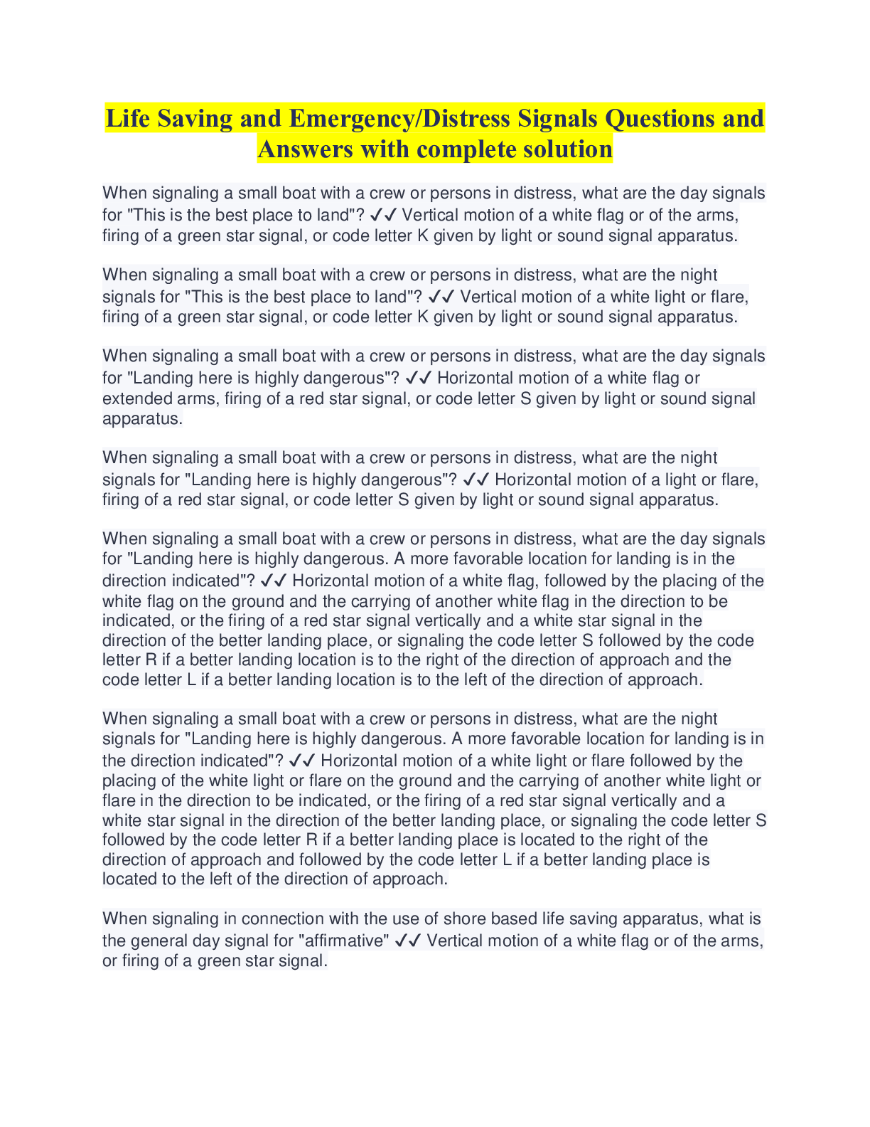 Life Saving and Emergency/Distress Signals Questions and Answers with ...