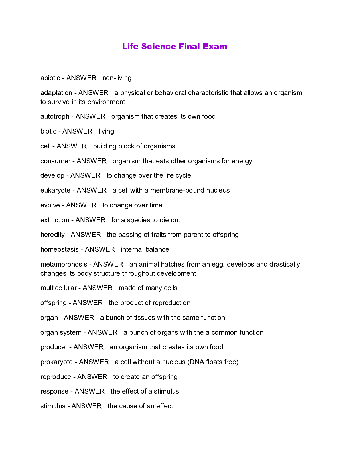 Life Science Final Exam - Scholarfriends