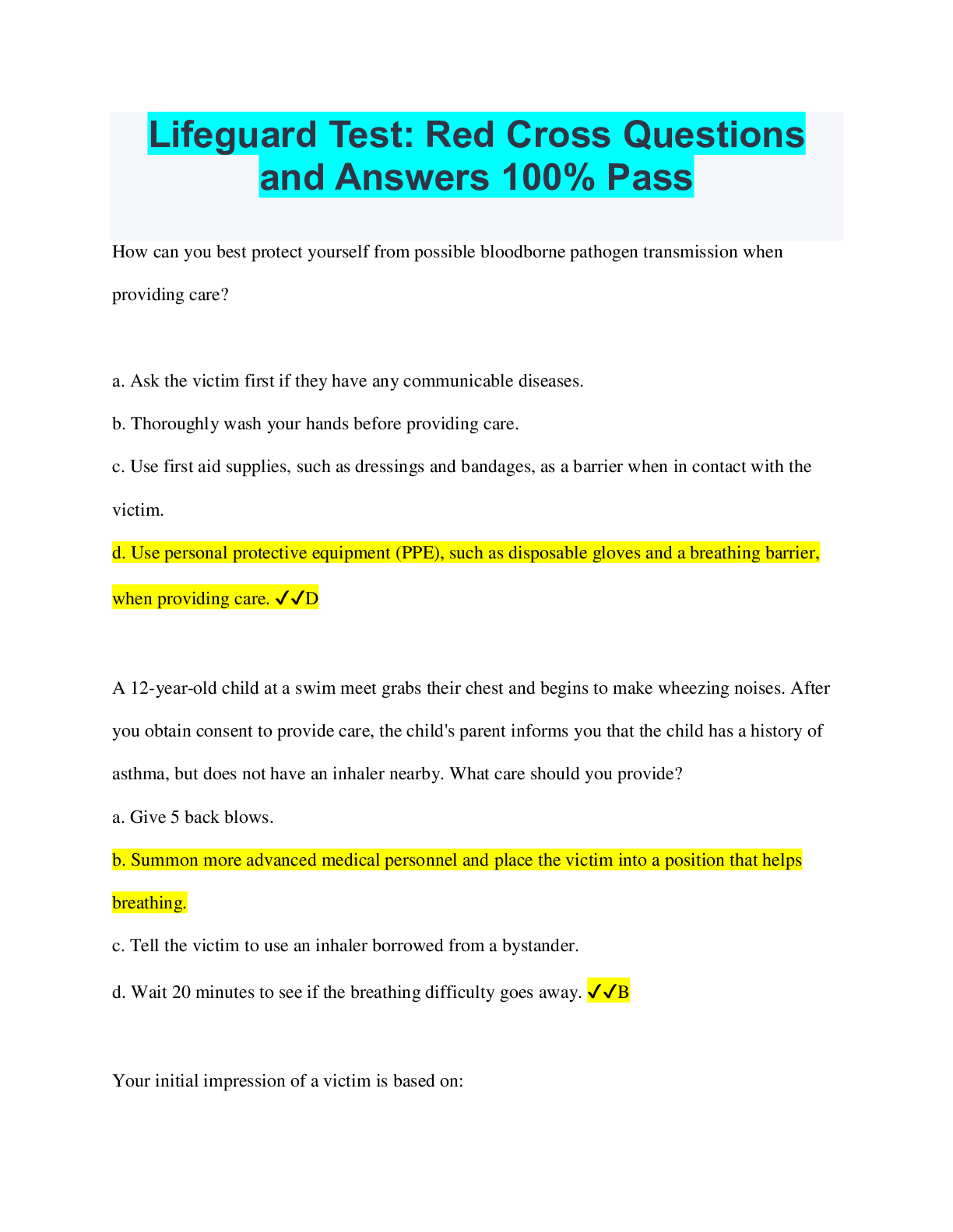 Lifeguard Test: Red Cross Questions and Answers 100% Pass ...