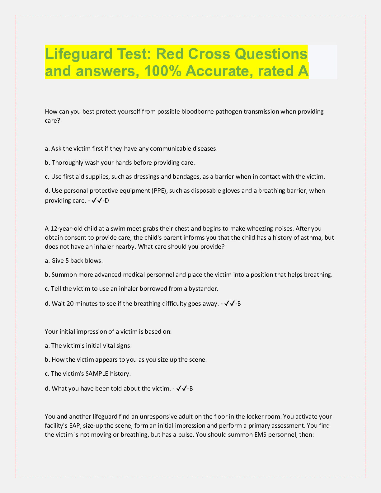 Lifeguard Test: Red Cross Questions And Answers - Scholarfriends