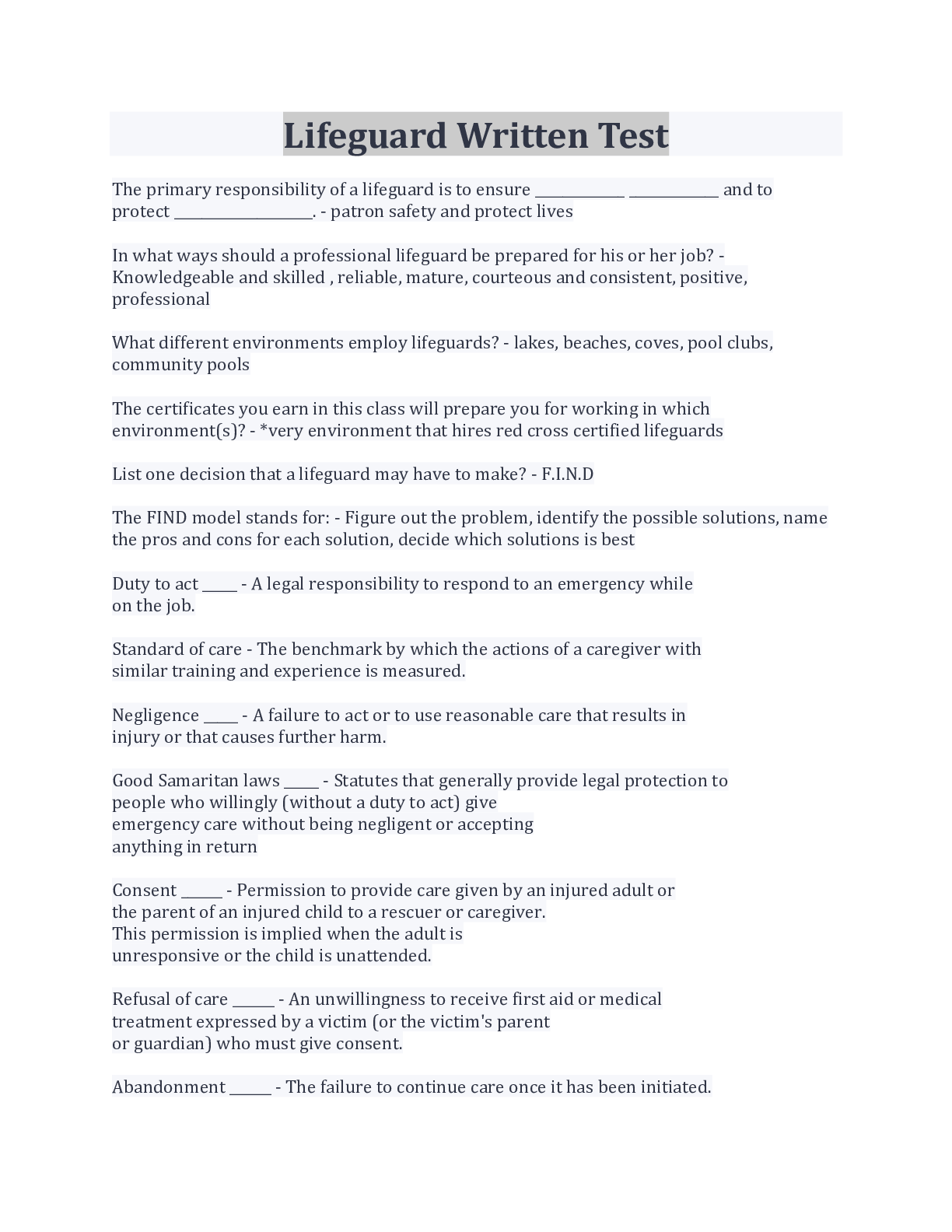 Lifeguard Written Test. QUESTIONS AND ANSWERS. RATED A+ MASTERPIECE ...