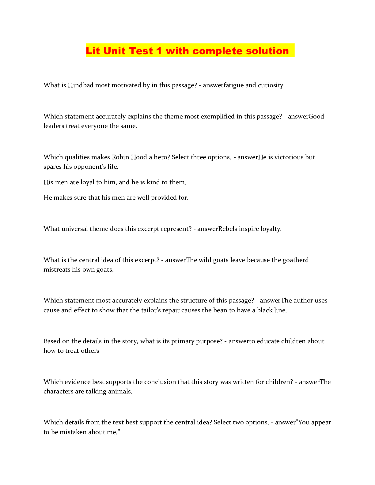 Lit Unit Test 1 with complete solution | ScholarFriends