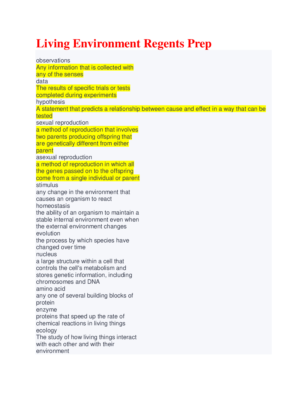 Living Environment Regents Prep Exams with Verified Answers/Rated A+ ...