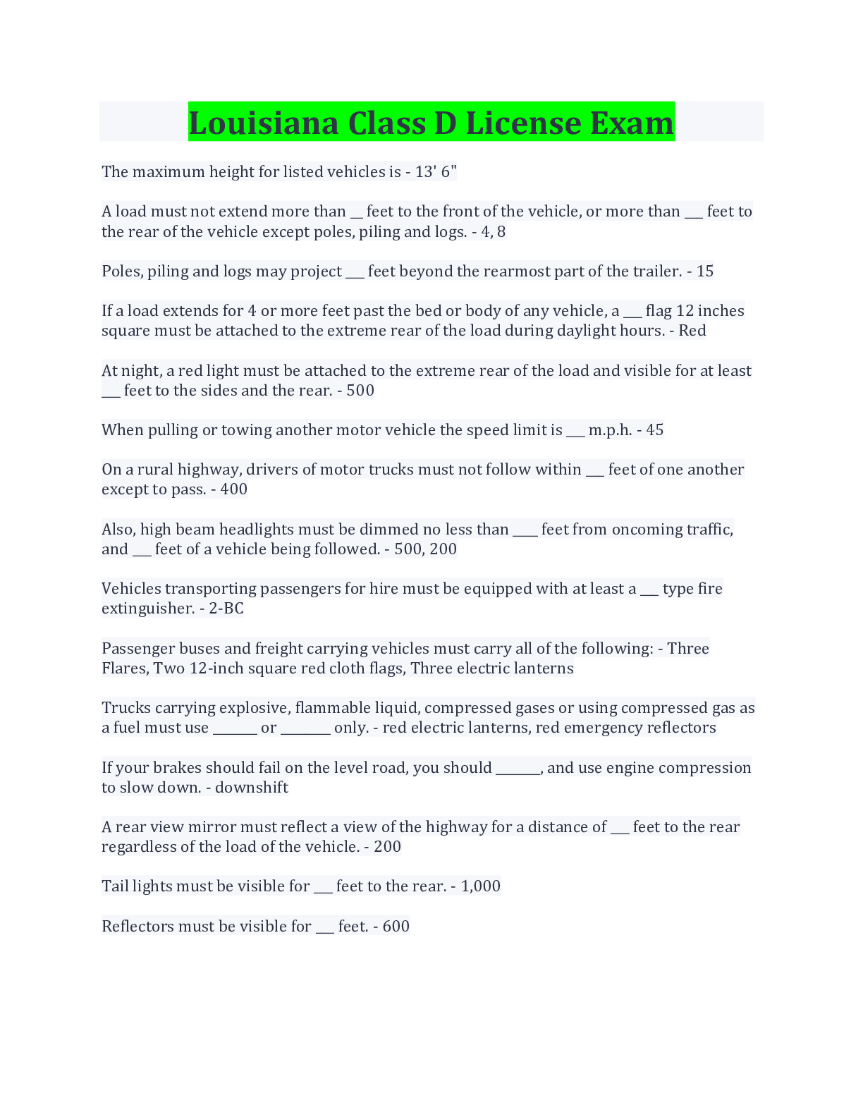 Louisiana Class D License Exam, Louisiana Class D "Chauffeur's" License ...