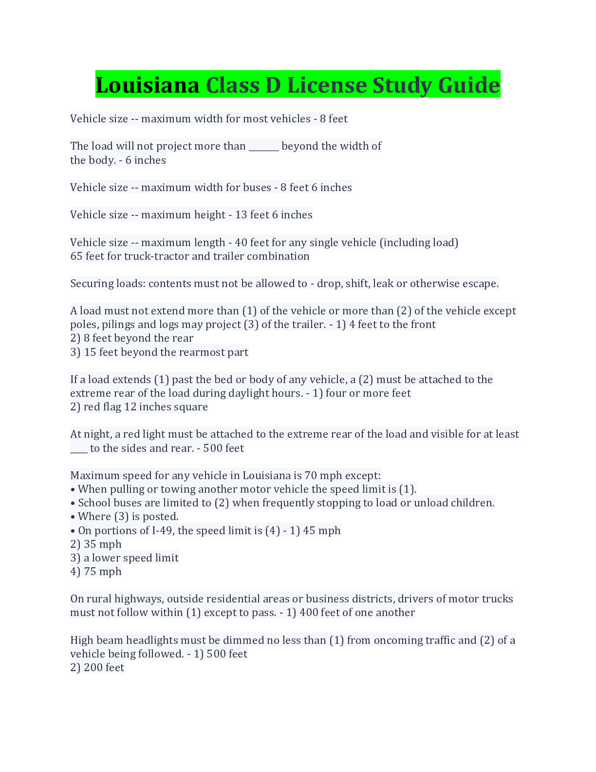 Louisiana Class D License Study Guide With Complete Solution ...