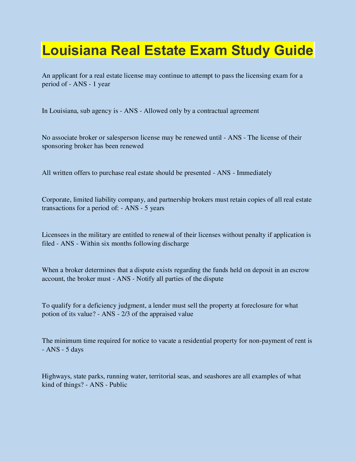 Louisiana Real Estate Exam Study Guide - Scholarfriends