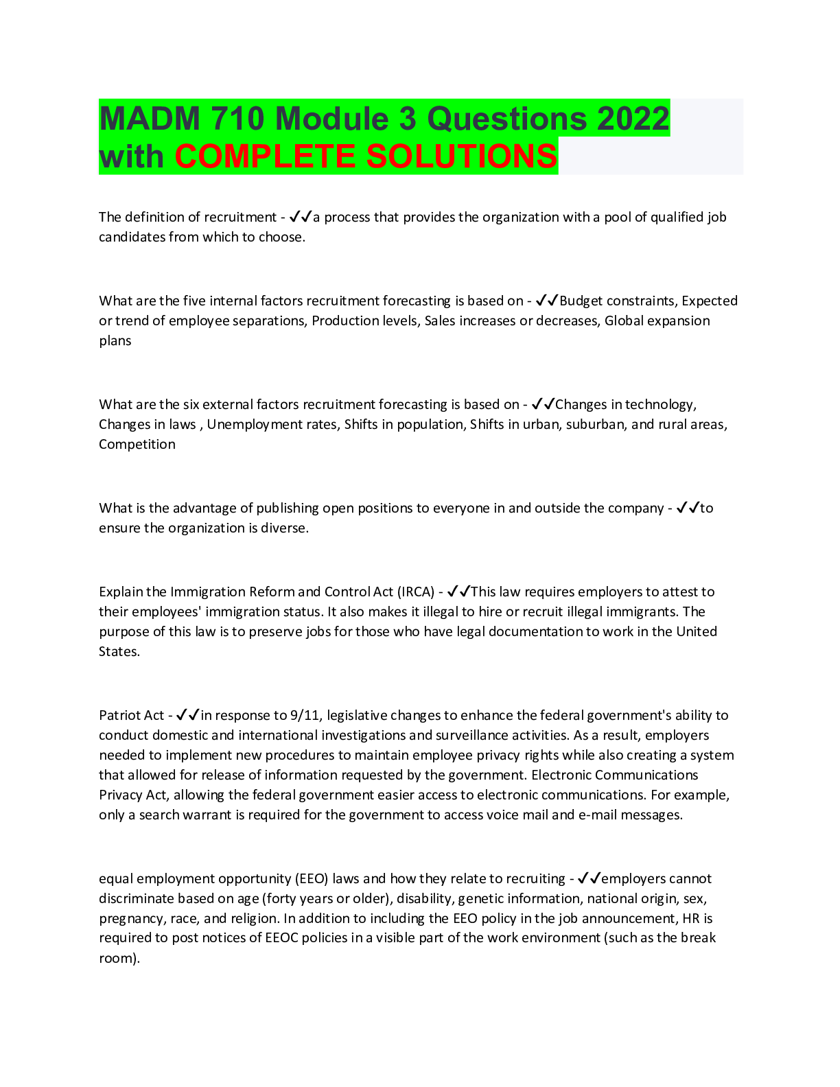 MADM 710 Module 3 Questions 2022 with COMPLETE SOLUTIONS - Scholarfriends