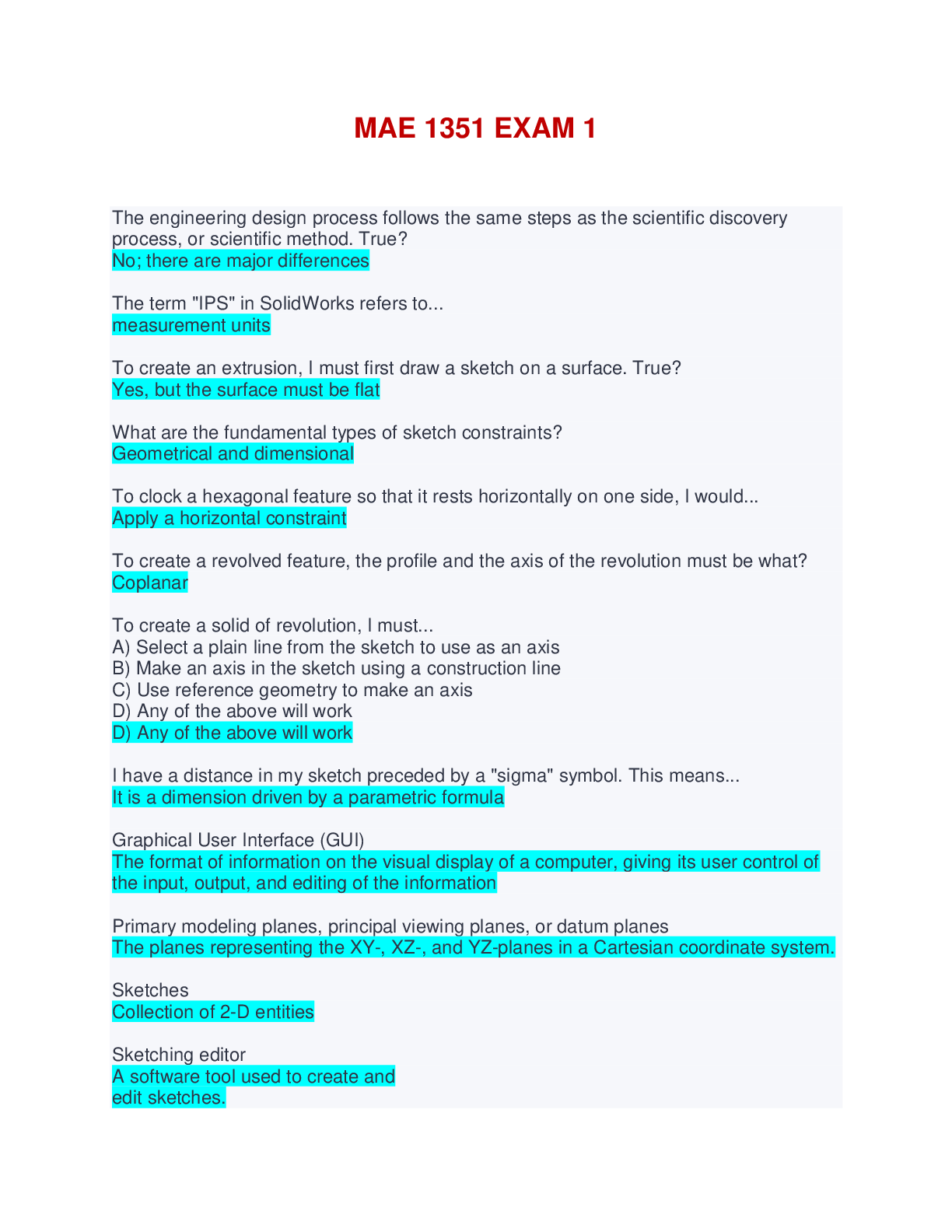 MAE 1351 EXAM 1 | 73 Questions with 100% Correct Answers - Scholarfriends