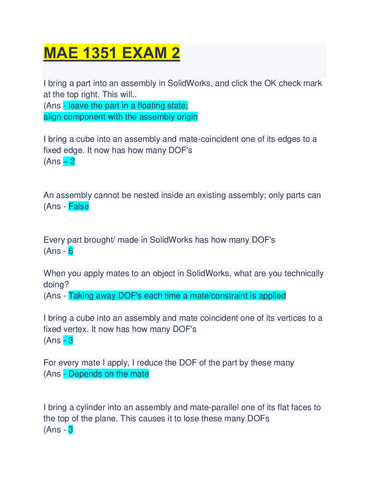 MAE 1351 EXAM 2 - QUESTIONS AND ANSWERS - Scholarfriends