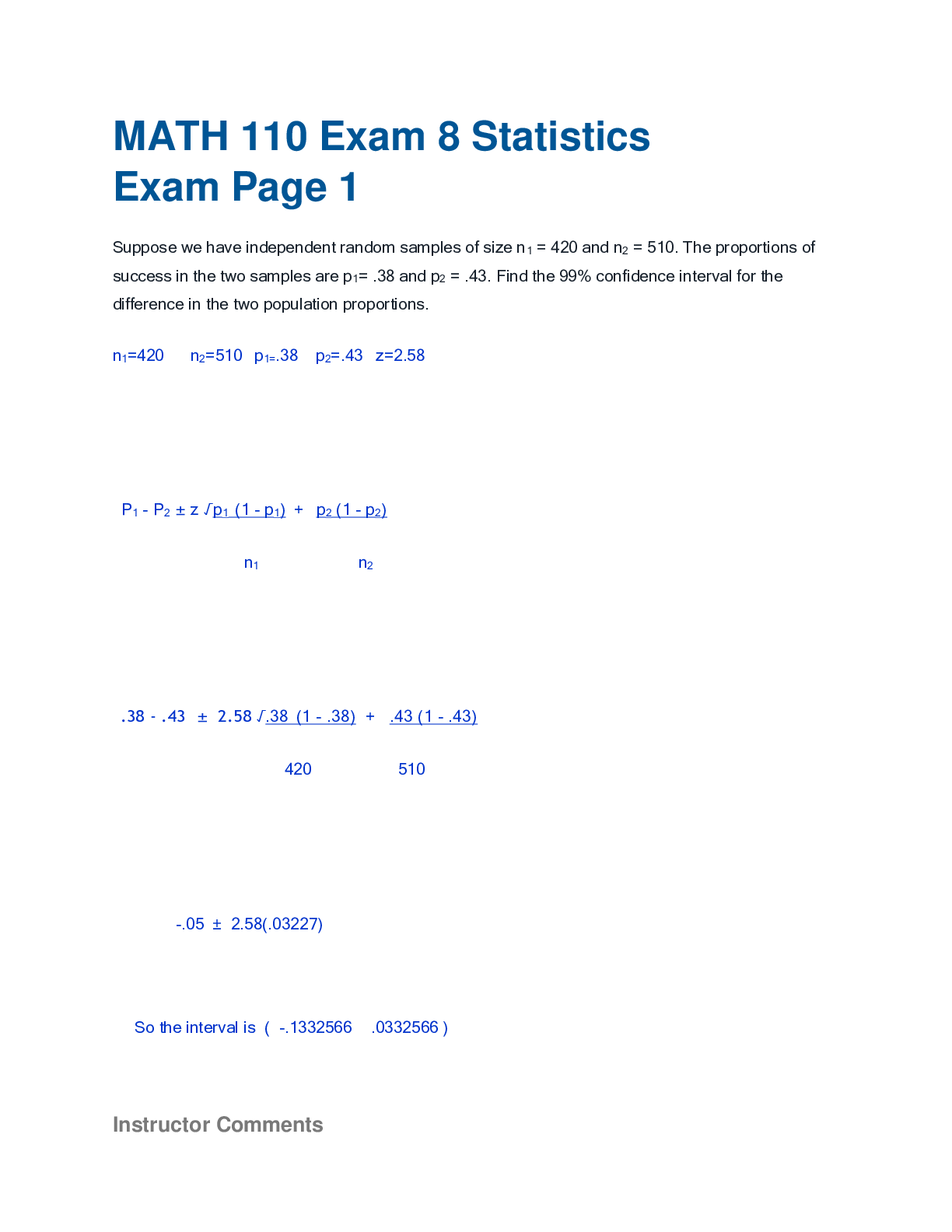 MATH 110 Exam 8 Statistics Questions and Answers- Portage Learning ...