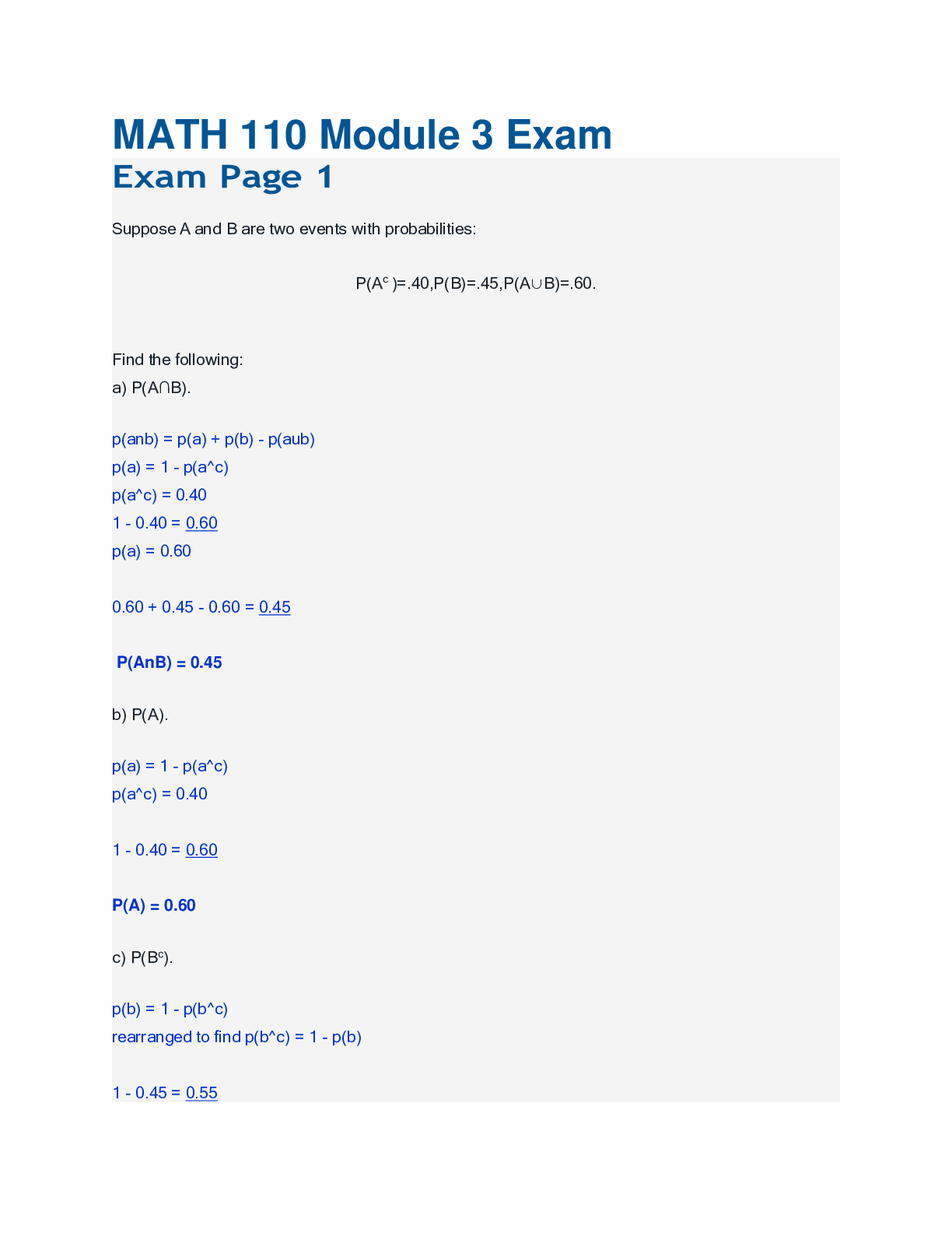 MATH 110 Module 3 Exam Questions and Answers- Portage Learning ...