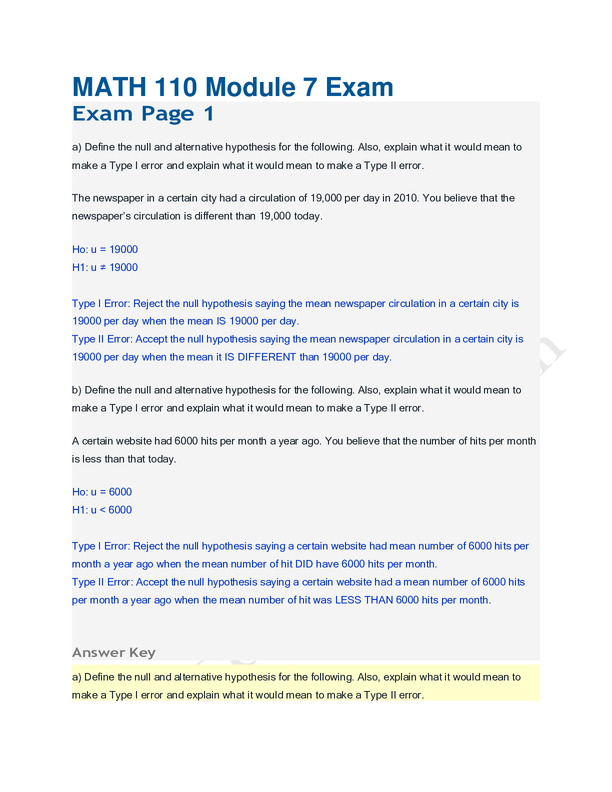 MATH 110 Module 7 Exam Questions and Answers- Portage Learning ...