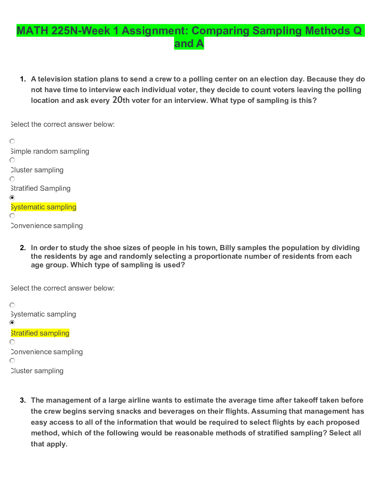 MATH 225N-Week 1 Assignment: Comparing Sampling Methods Q and A ...