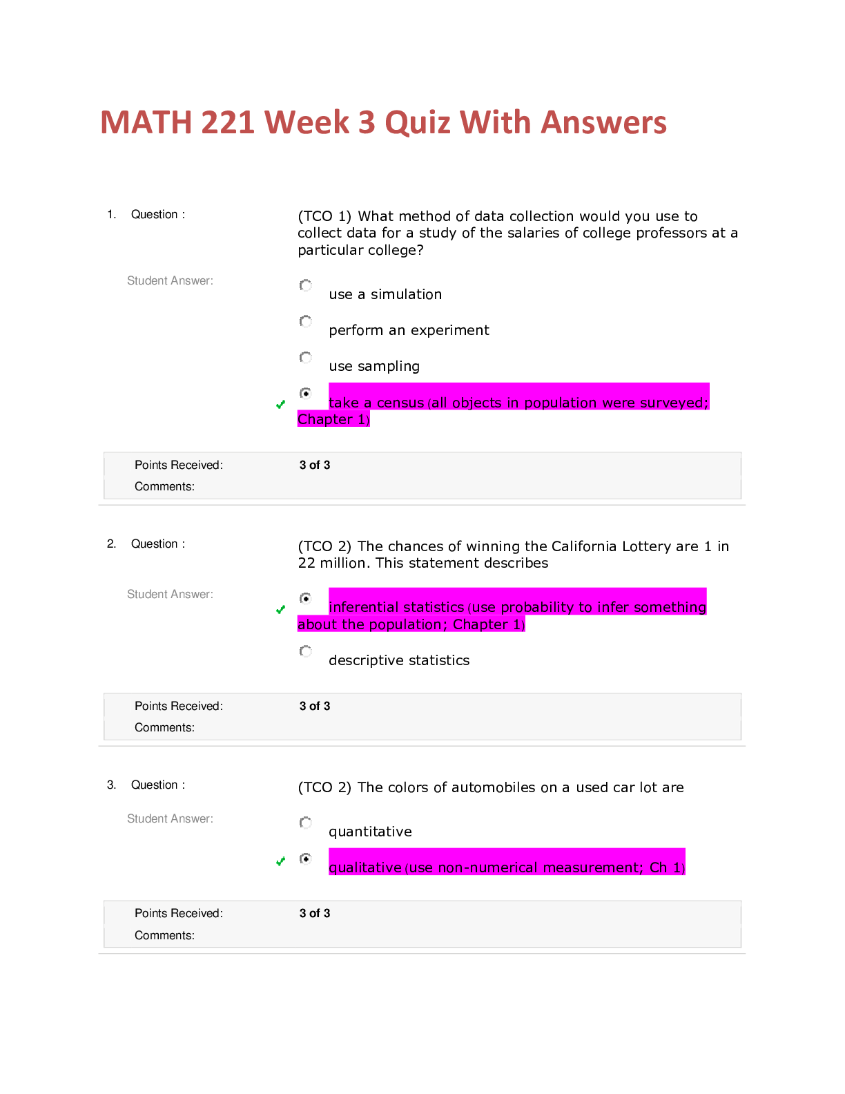MATH 221 Week 3 Quiz With Answers (Solved And Verified Solutions ...