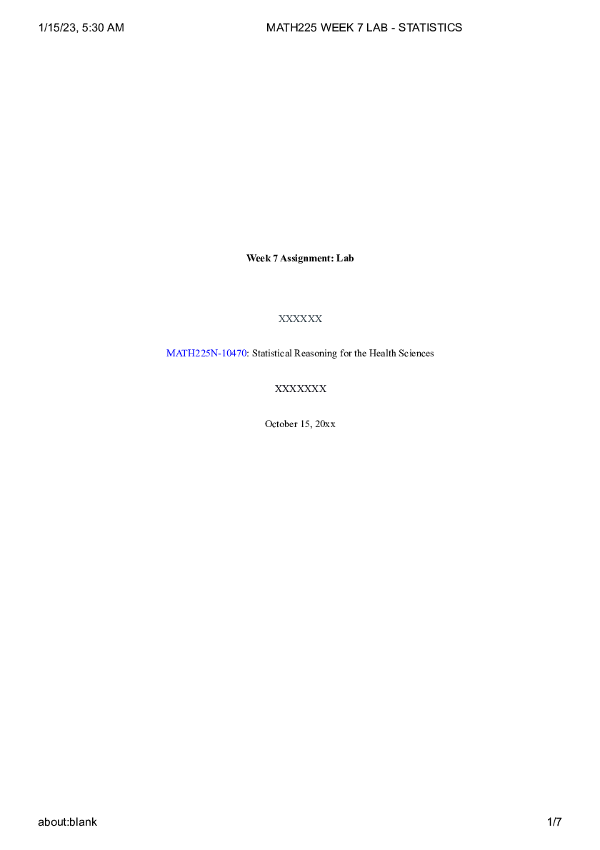 MATH225 WEEK 7 LAB - STATISTICS - Scholarfriends