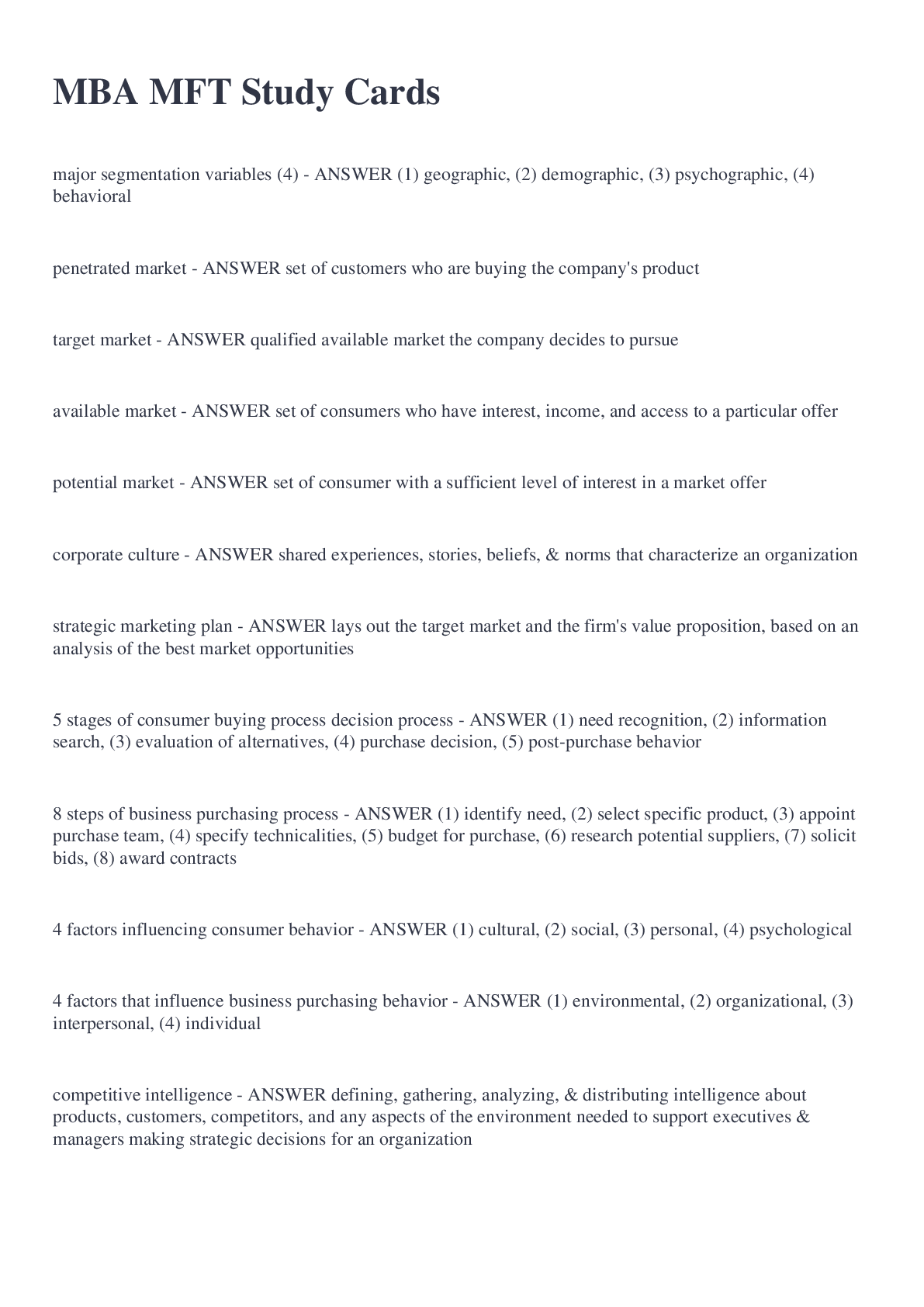 MBA MFT Study Cards - Scholarfriends