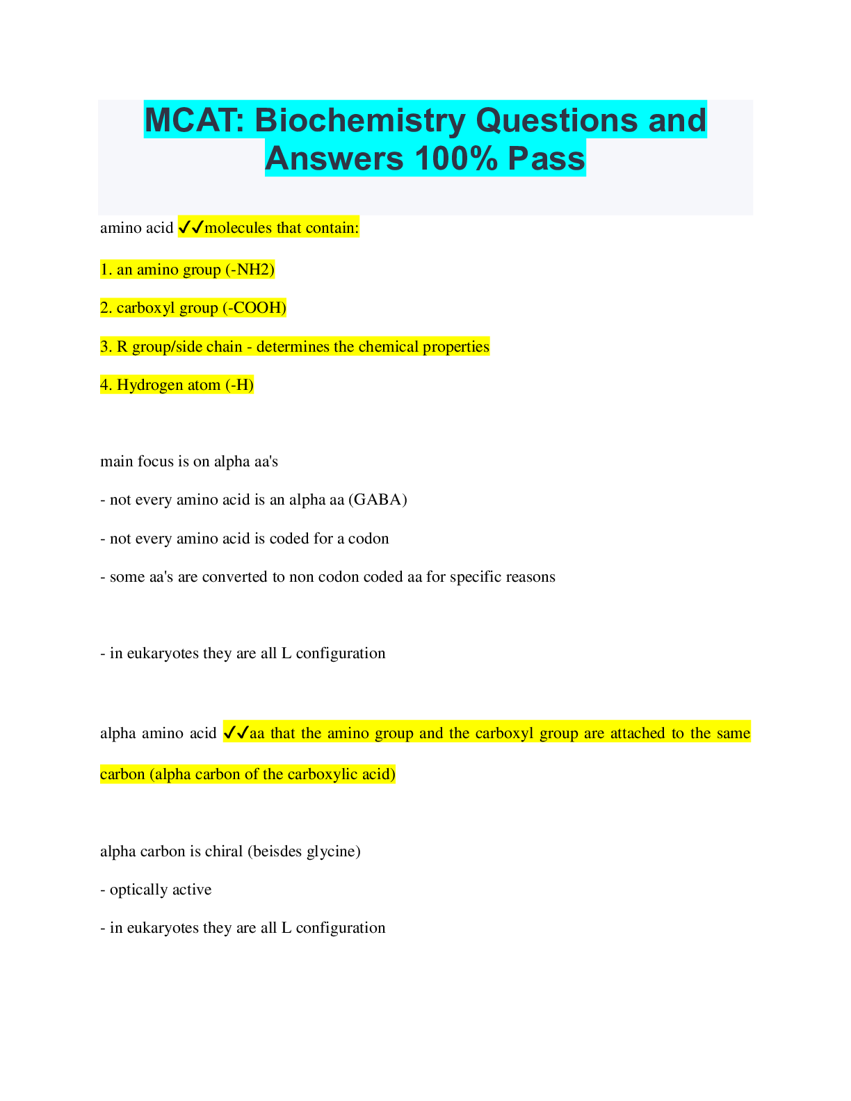 MCAT: Biochemistry Questions and Answers 100% Pass - Scholarfriends