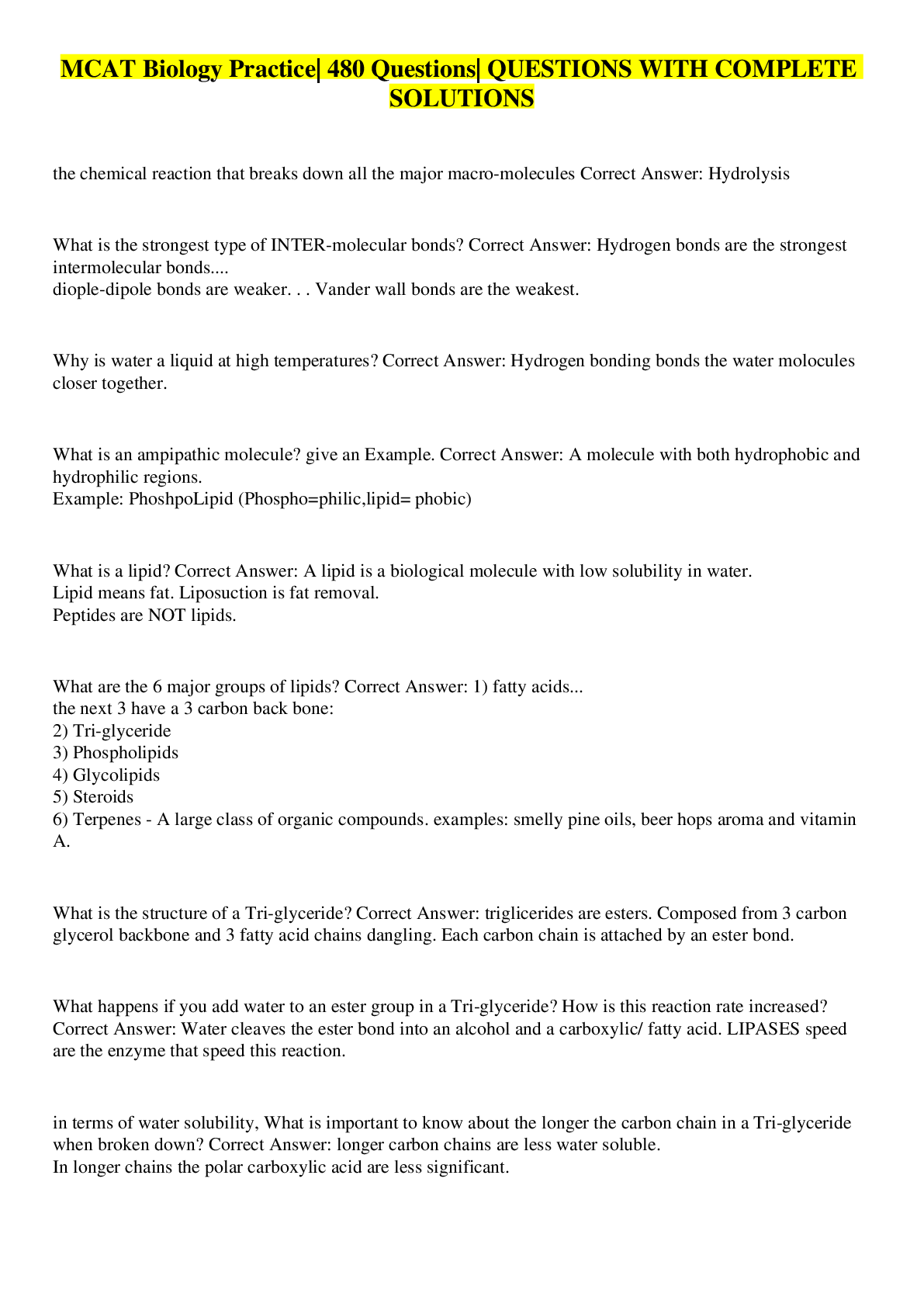 MCAT Biology Practice| 480 Questions| QUESTIONS WITH COMPLETE SOLUTIONS ...