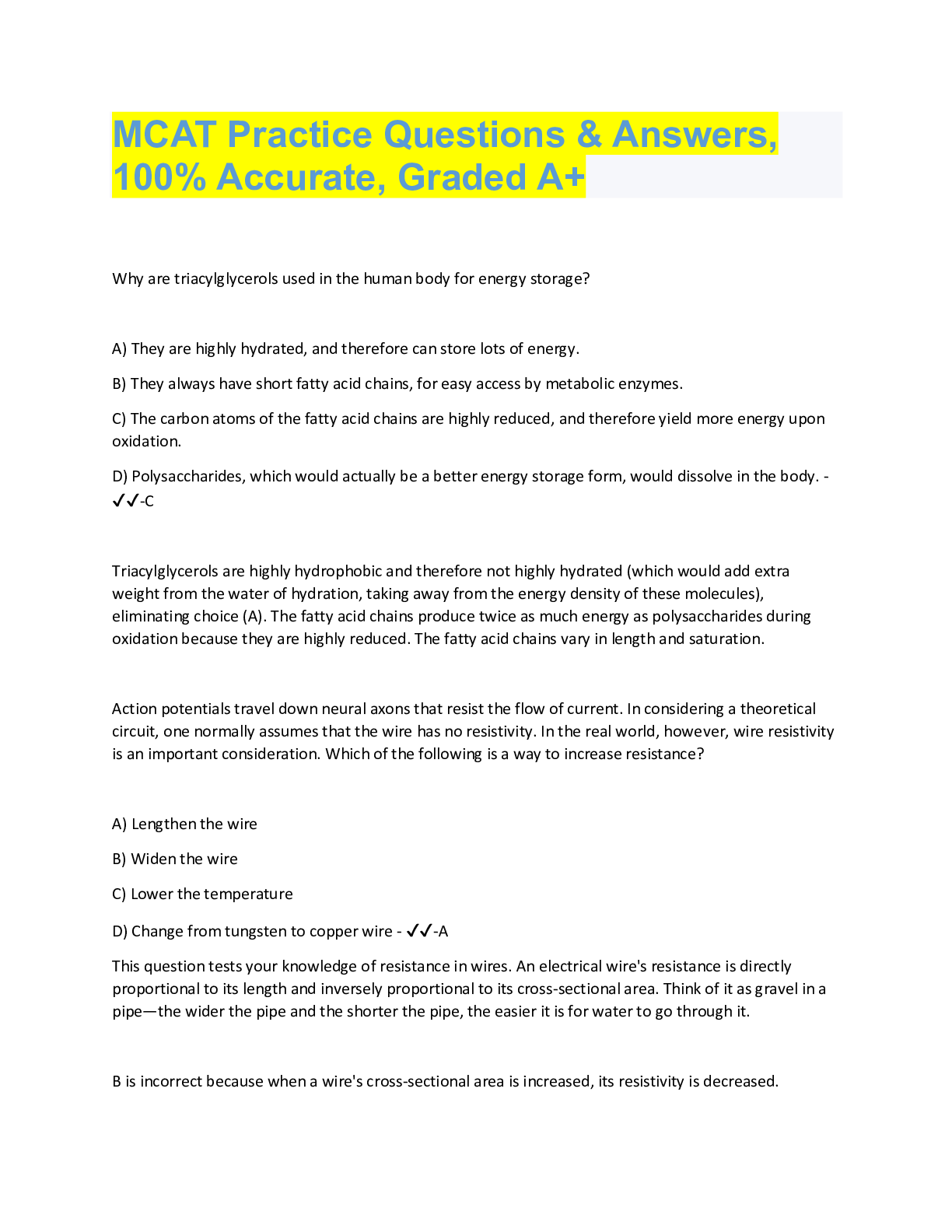 MCAT Practice Questions & Answers, 100% Accurate, Graded A+ ...