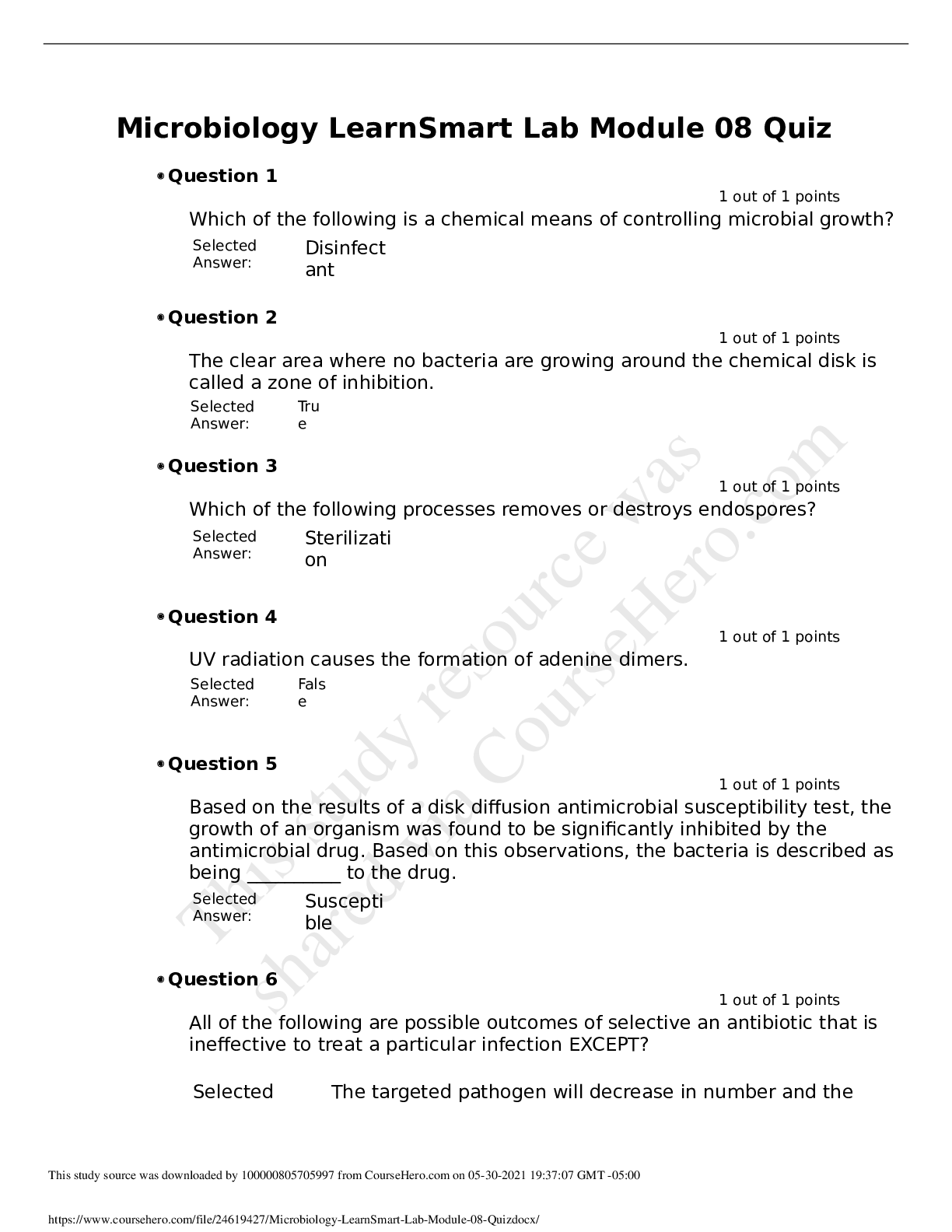 MCB 2289 Microbiology LearnSMart Lab Module 08 Quiz - Scholarfriends
