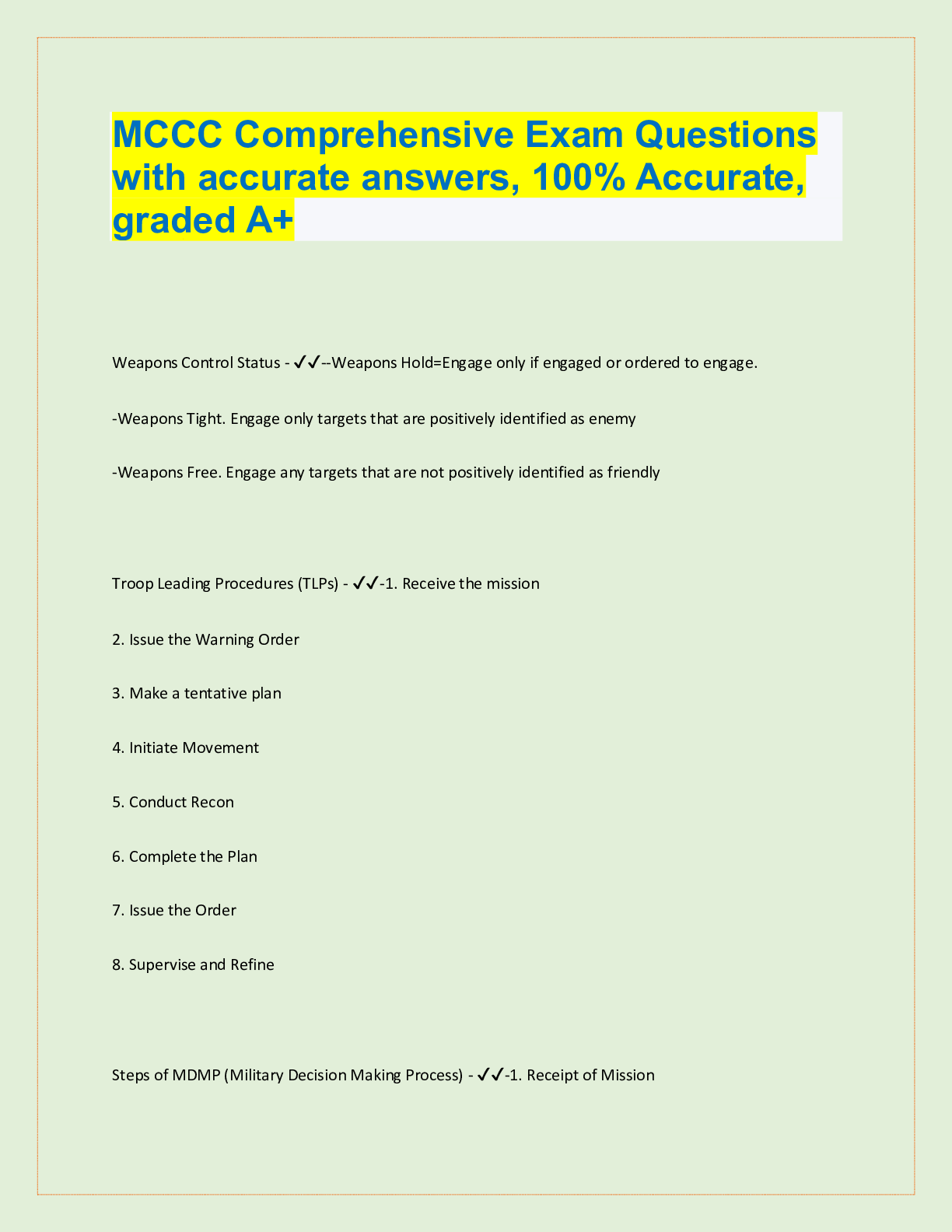 MCCC Comprehensive Exam Questions with accurate answers, 100% Accurate ...