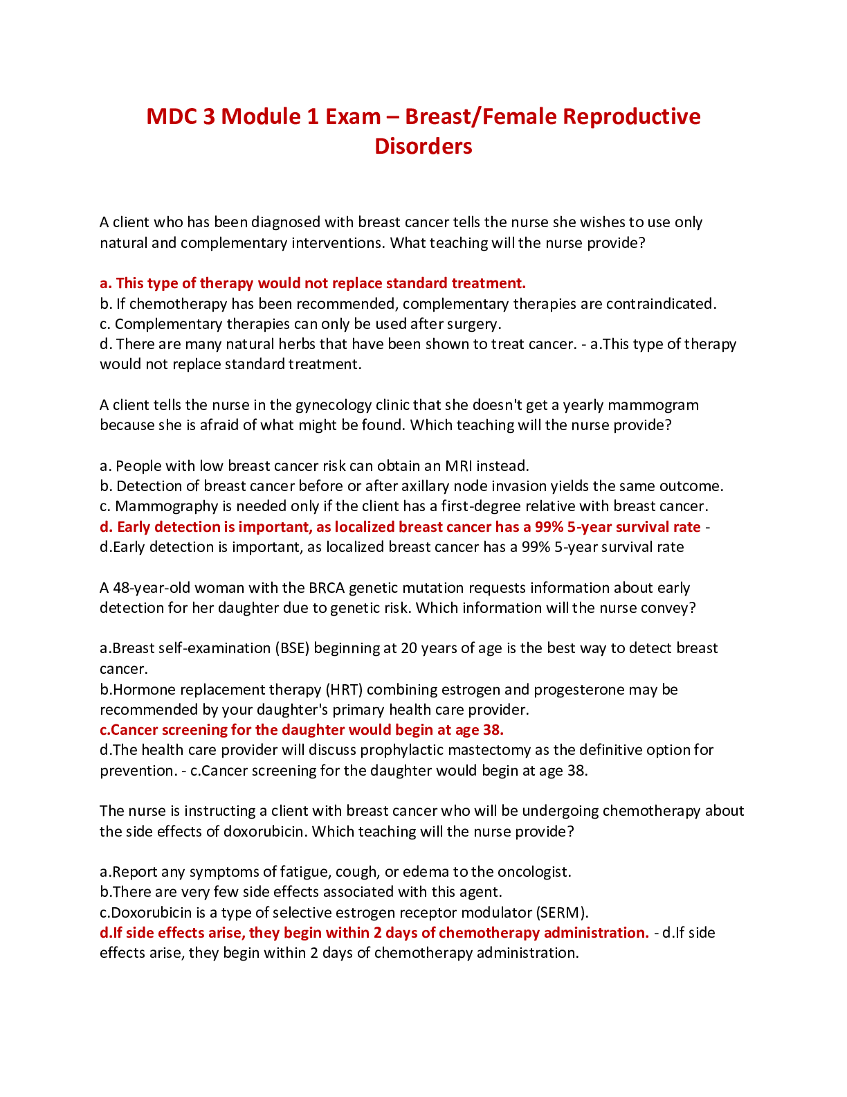MDC 3 Module 1 Exam – Breast/Female Reproductive Disorders - Scholarfriends