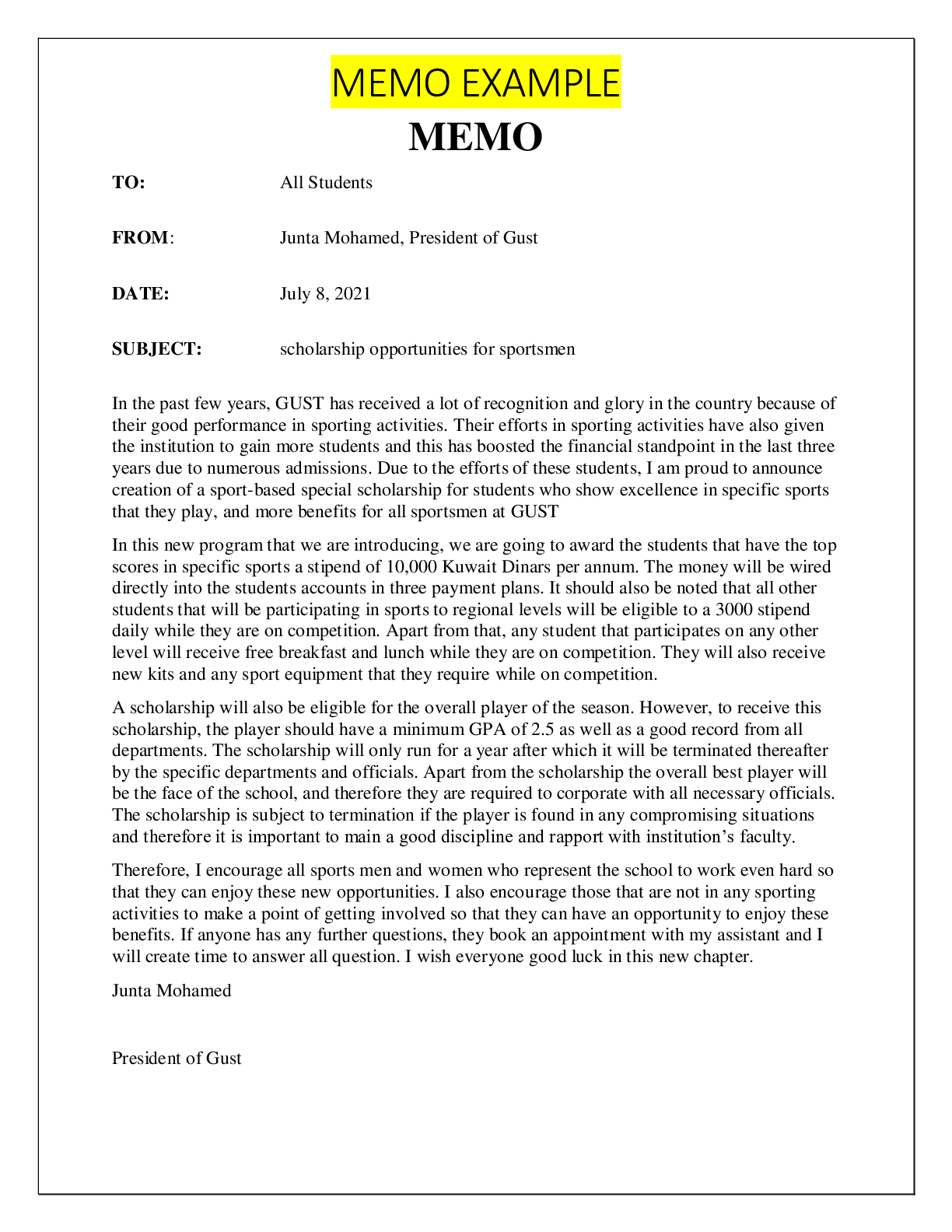 MEMO EXAMPLE - Scholarfriends