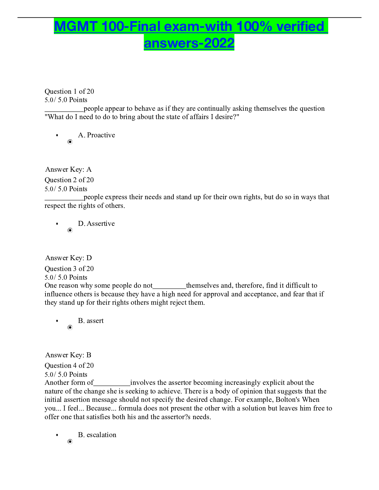 MGMT 100-Final exam-with 100% verified answers-2022 - Scholarfriends