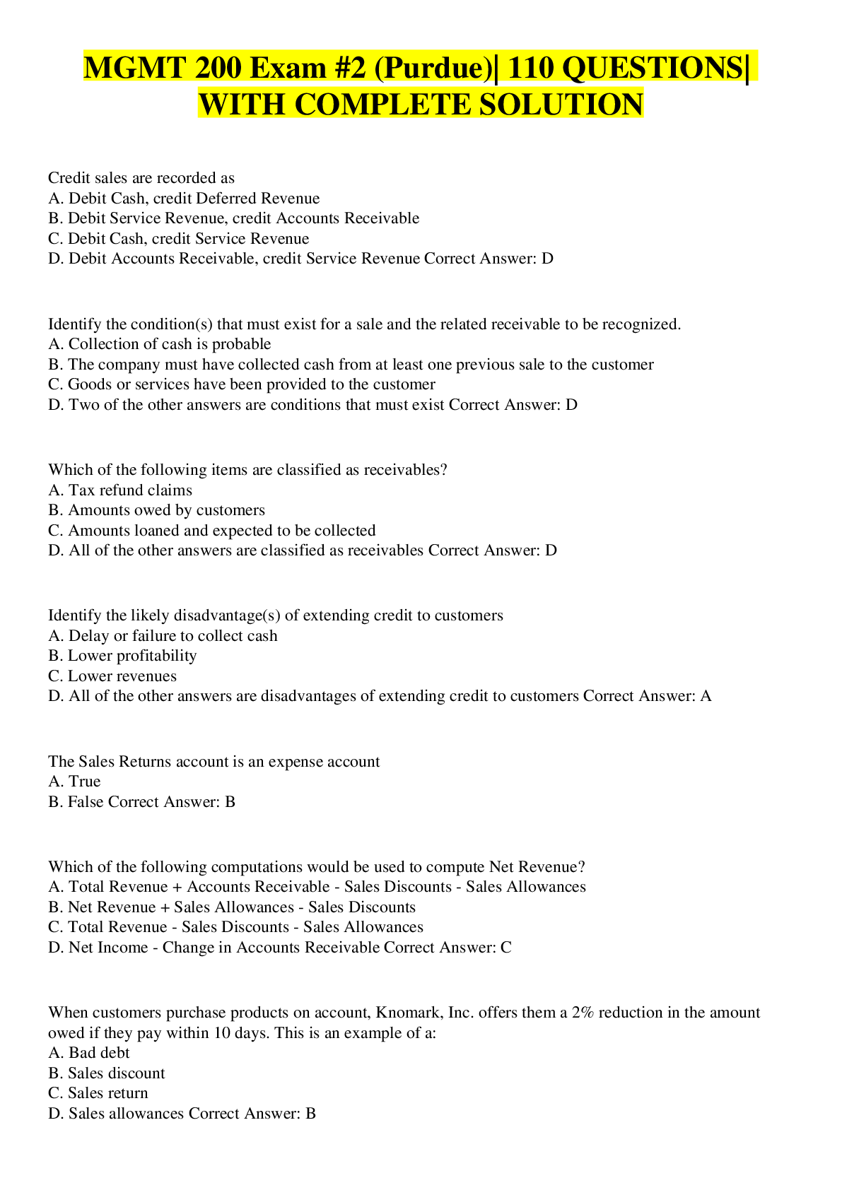 MGMT 200 Exam #2 (Purdue)| 110 QUESTIONS| WITH COMPLETE SOLUTION ...