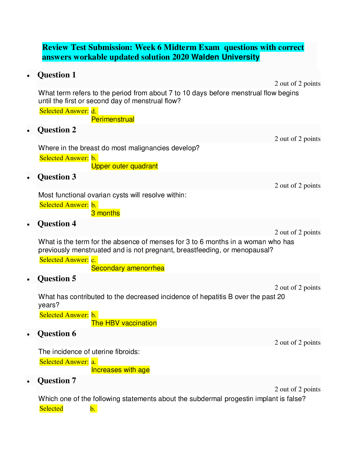 Review Test Submission: Week 6 Midterm Exam questions with correct ...