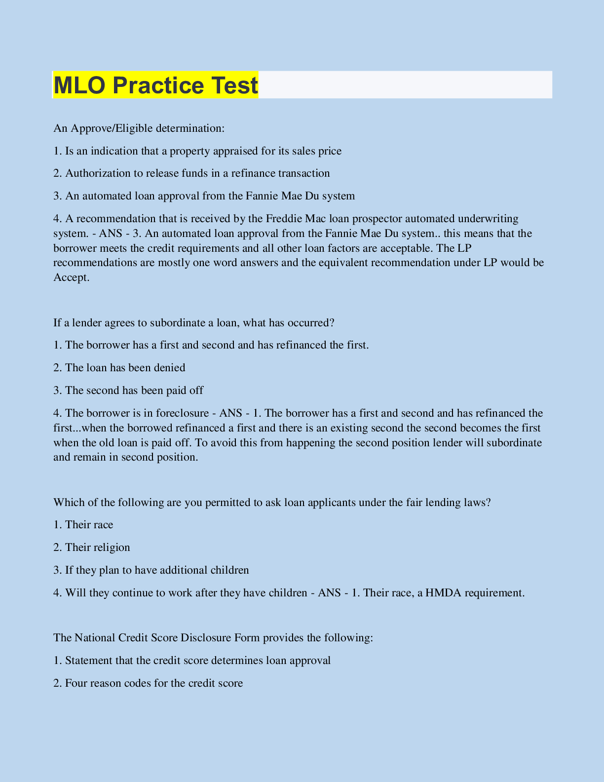 MLO Practice Test - Scholarfriends