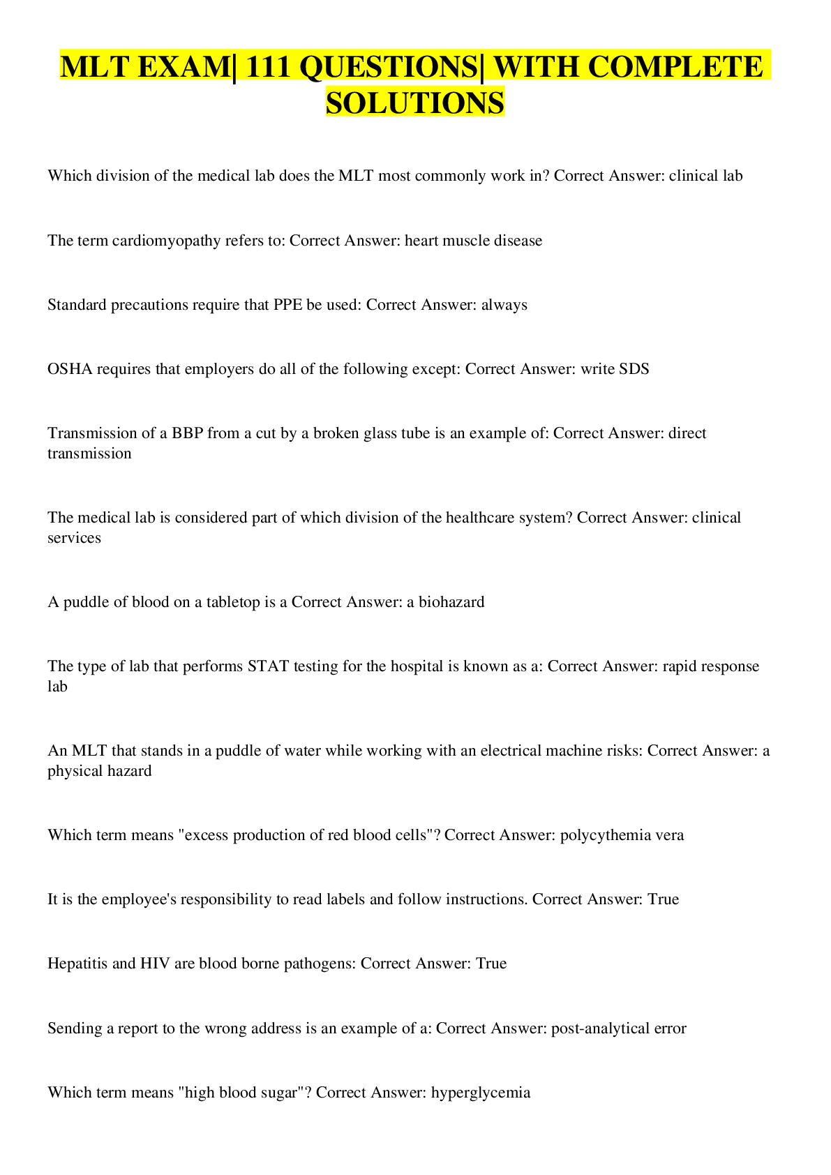 MLT EXAM| 111 QUESTIONS| WITH COMPLETE SOLUTIONS - Scholarfriends