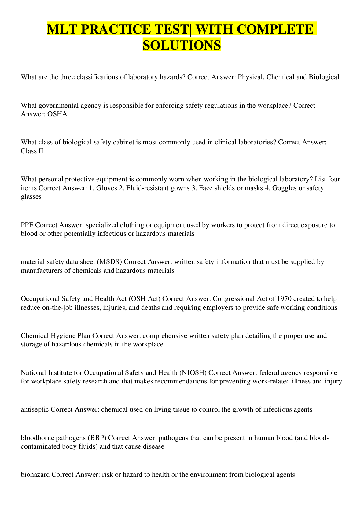 MLT PRACTICE TEST| WITH COMPLETE SOLUTIONS - Scholarfriends