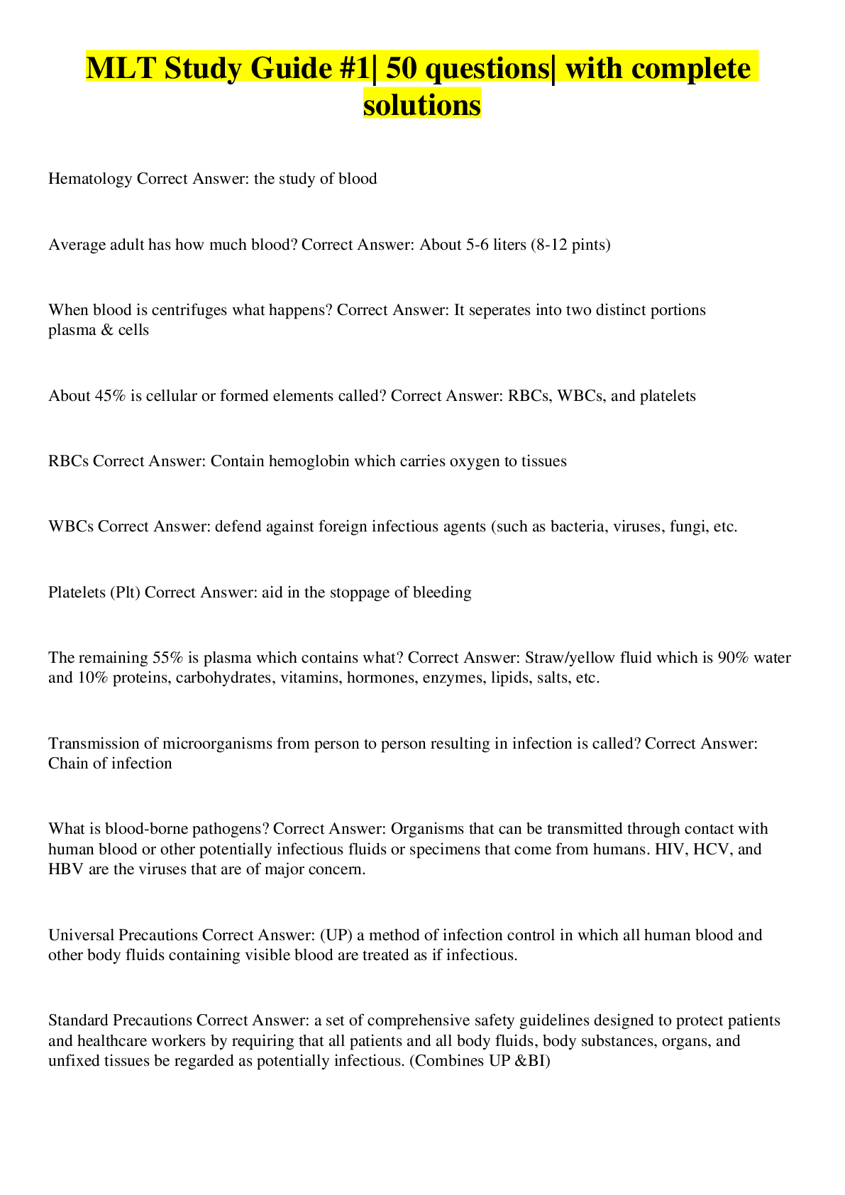 MLT Study Guide #1| 50 questions| with complete solutions - Scholarfriends