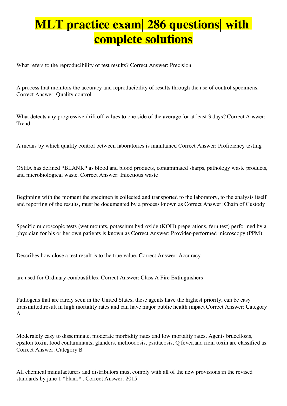 MLT practice exam| 286 questions| with complete solutions - Scholarfriends