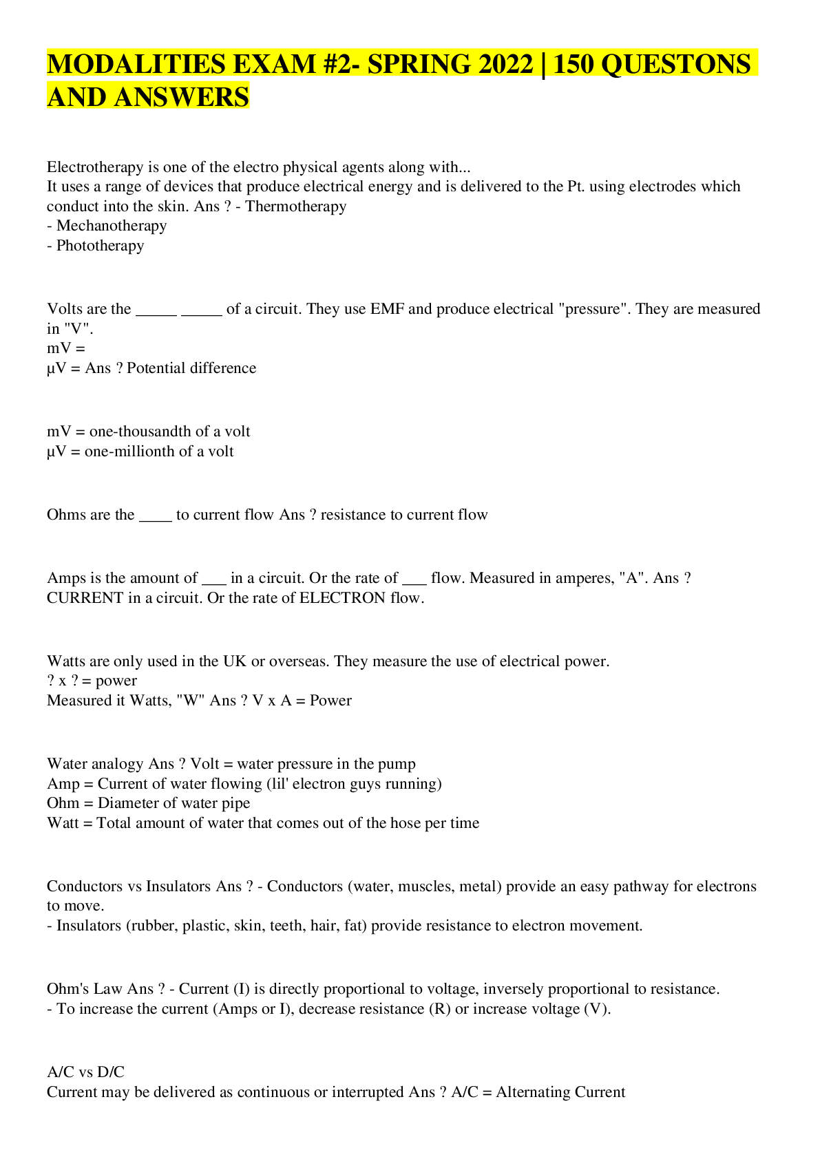 MODALITIES EXAM #2- SPRING 2022 | 150 QUESTONS AND ANSWERS - Scholarfriends