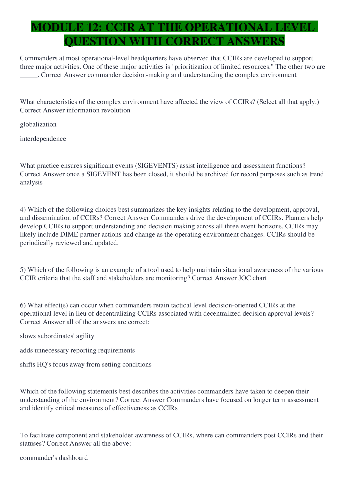 JFC 200 MODULE 01: CCIR AT THE OPERATIONAL LEVEL QUESTIONS WITH CORRECT ...